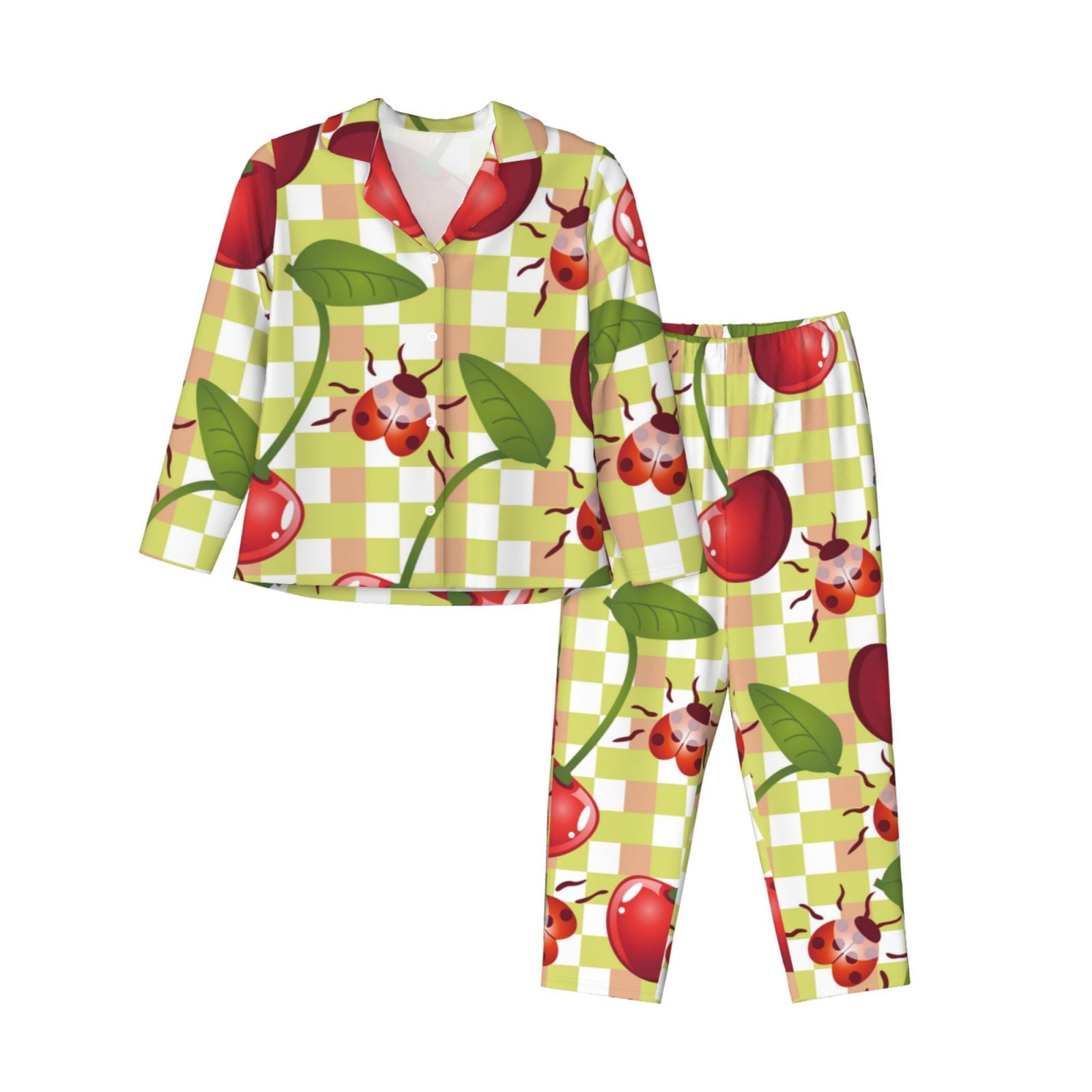 Lsque Cherries and Ladybirds Pattern Long Sleeve Pajama Set for Women ...