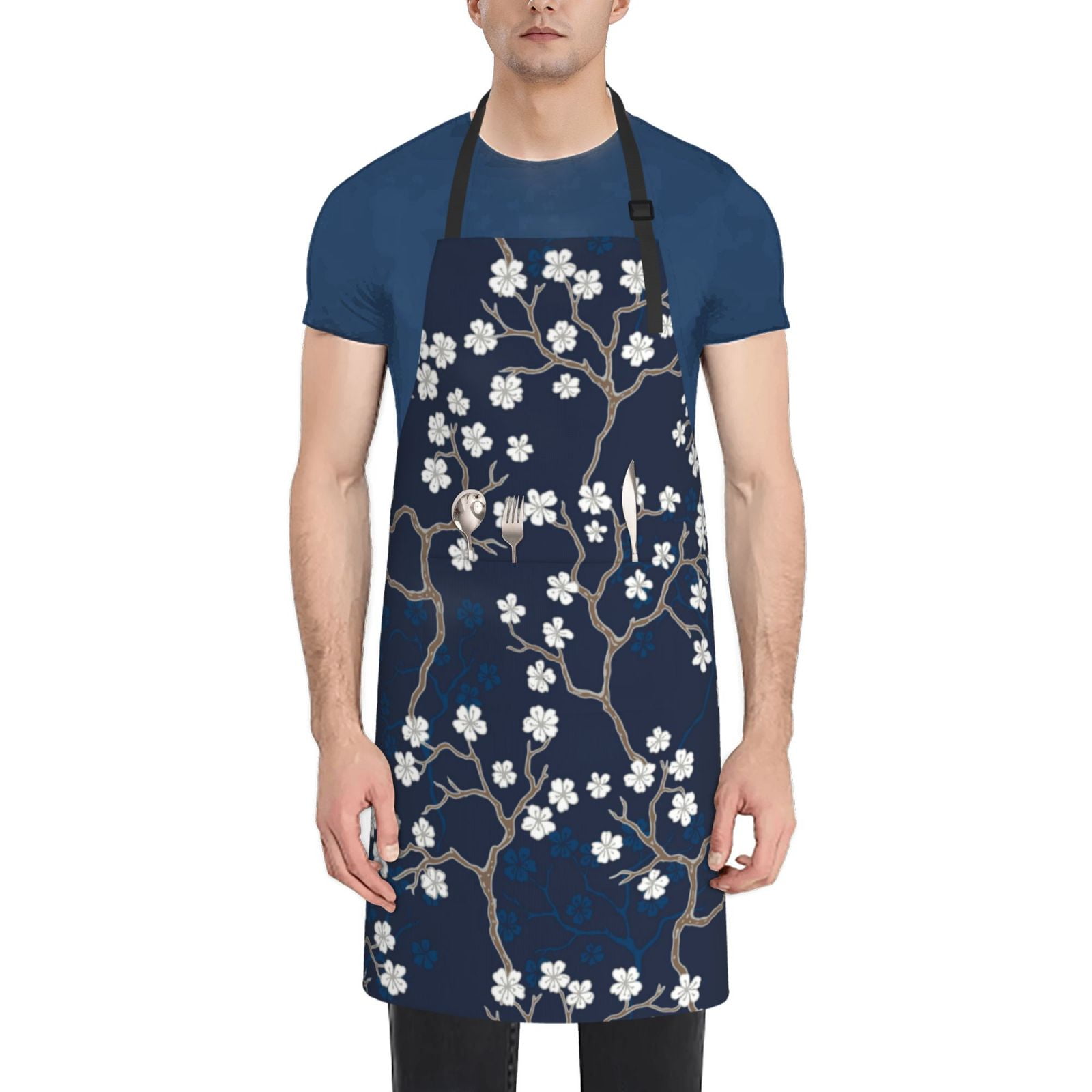 Lsque Cherry Blossoms on Navy Background Waterproof Apron Chef Aprons ...