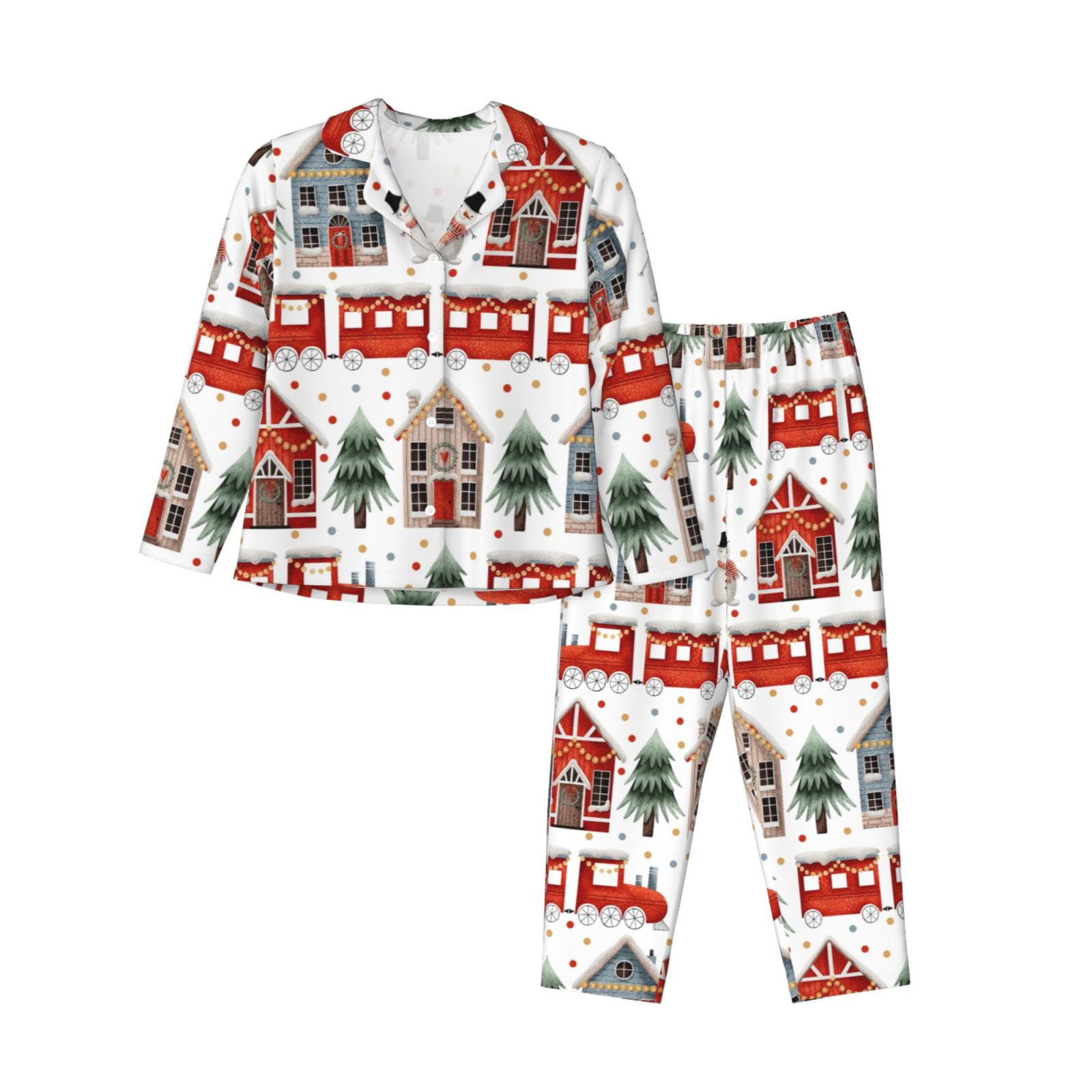 Lsque Christmas Houses Pattern Long Sleeve Pajama Set for Women - Soft ...