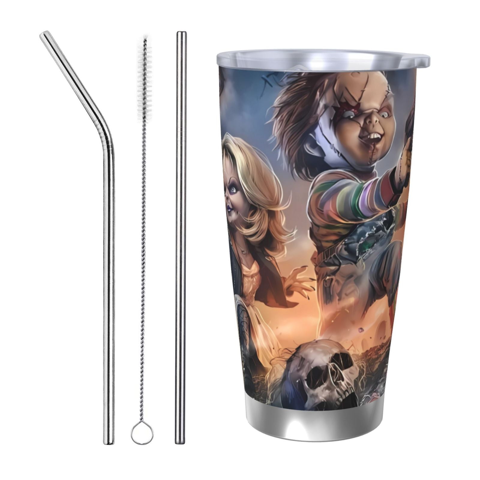 Lsque Chucky Pattern 20oz Car Cup with Lid and Straw, Insulated Coffee ...