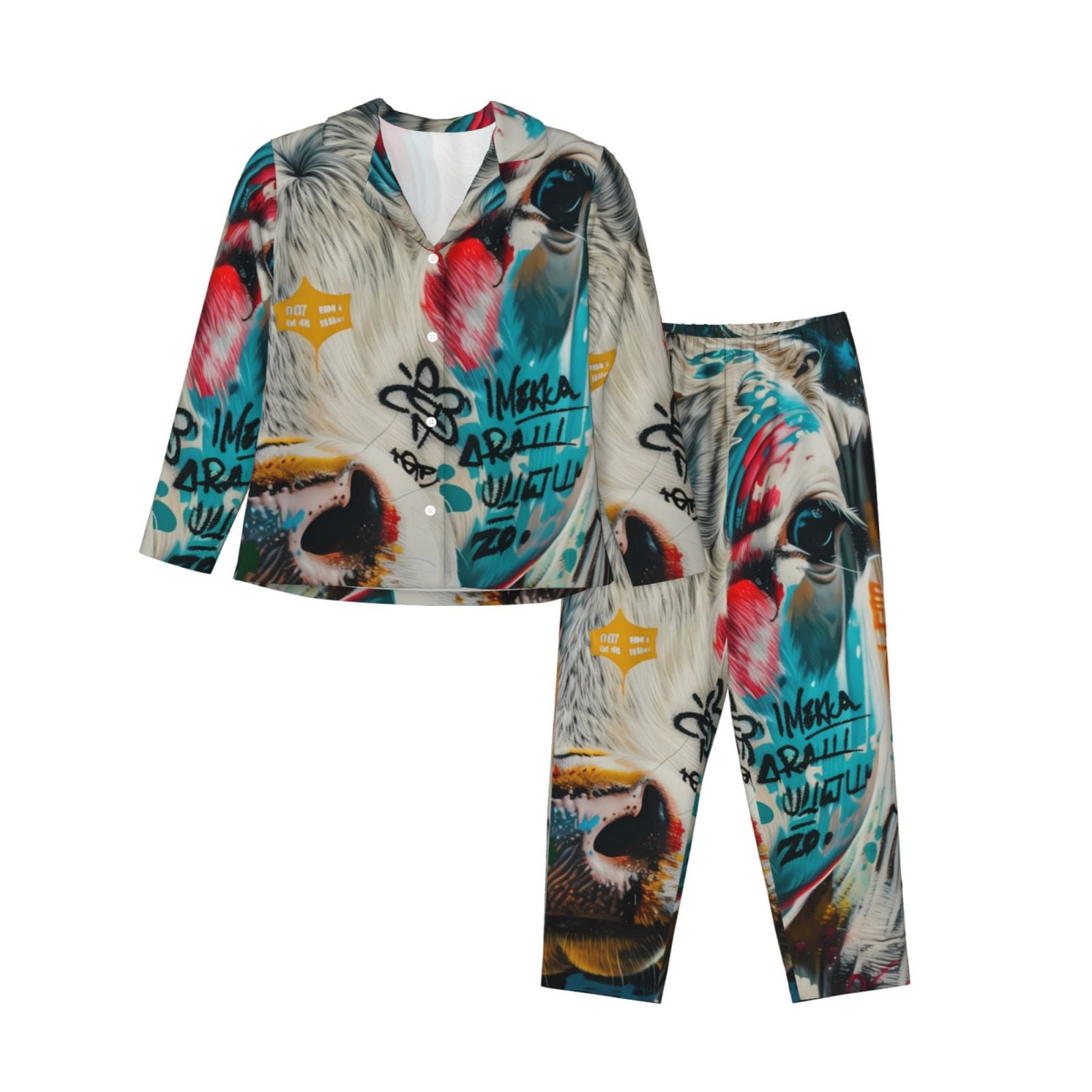 Lsque Colorful Graffiti Cow Pattern Long Sleeve Pajama Set for Women ...