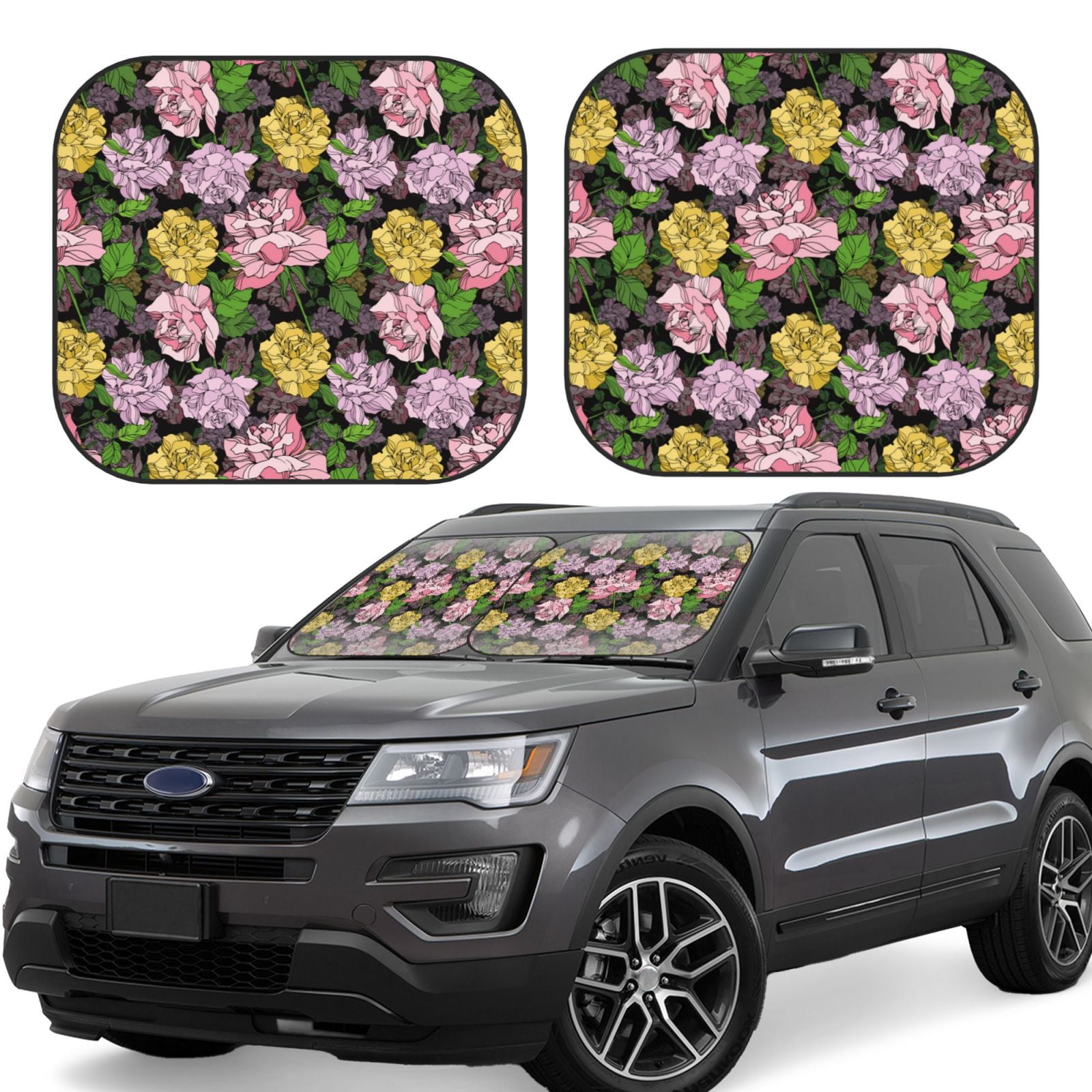 Lsque Colorful Roses 2 PCS Windshield Sun Shade | CarFoldable Window ...