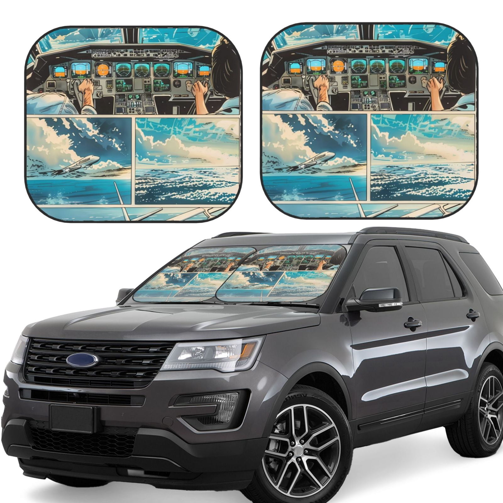 Lsque Comic Airplane Cockpit Illustration 2 PCS Windshield Sun Shade ...