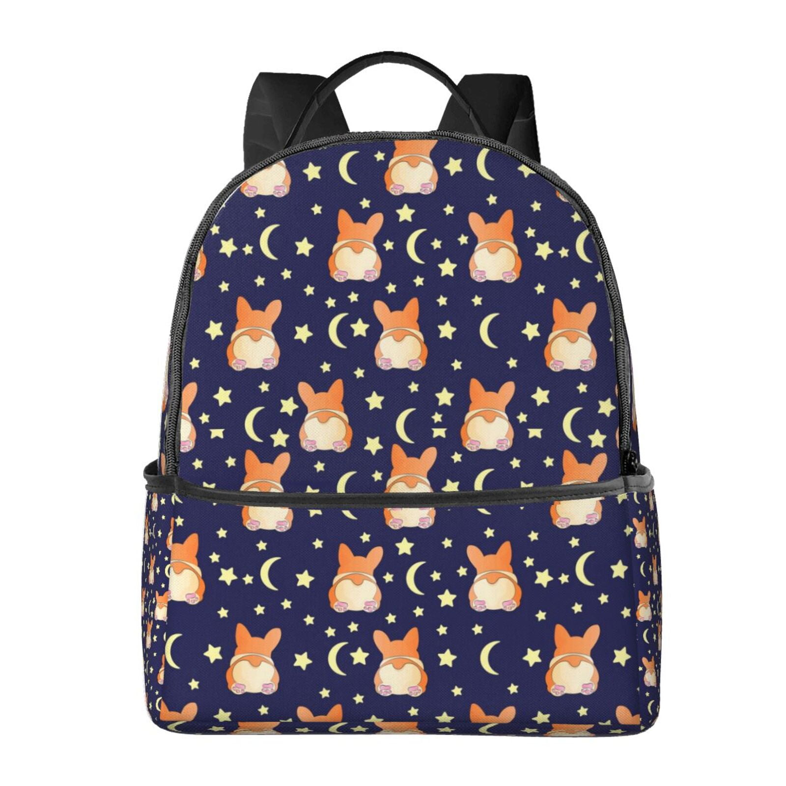 Lsque Corgi Lying With Moons And Stars Pattern Backpack – School Travel Canvas Daypack with ...