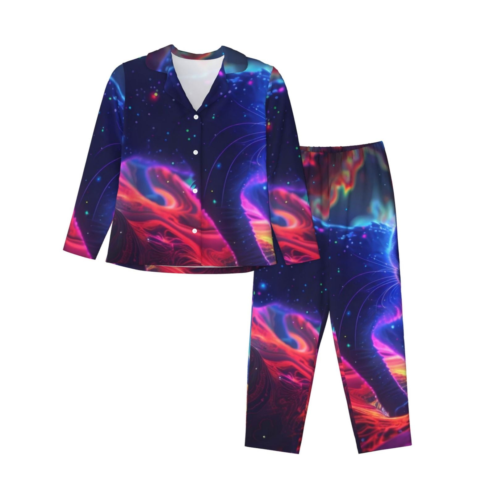 Lsque Cosmic Cat Psychedelic Journey Pattern Long Sleeve Pajama Set for ...