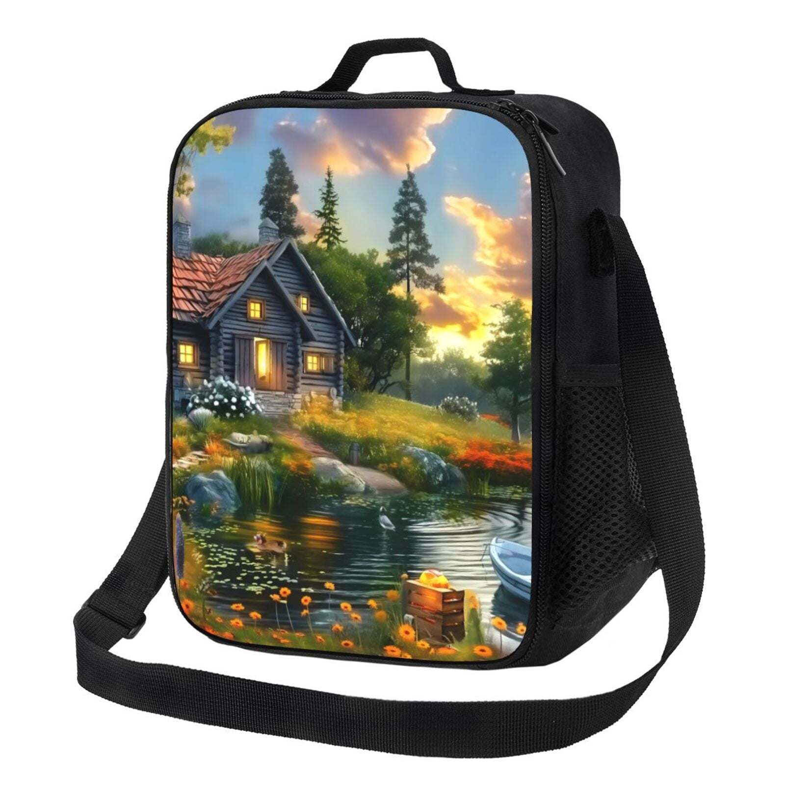 Lsque Cozy Cottage Lakeside Sunset Lunch Bag Lunch Box for Women Men ...