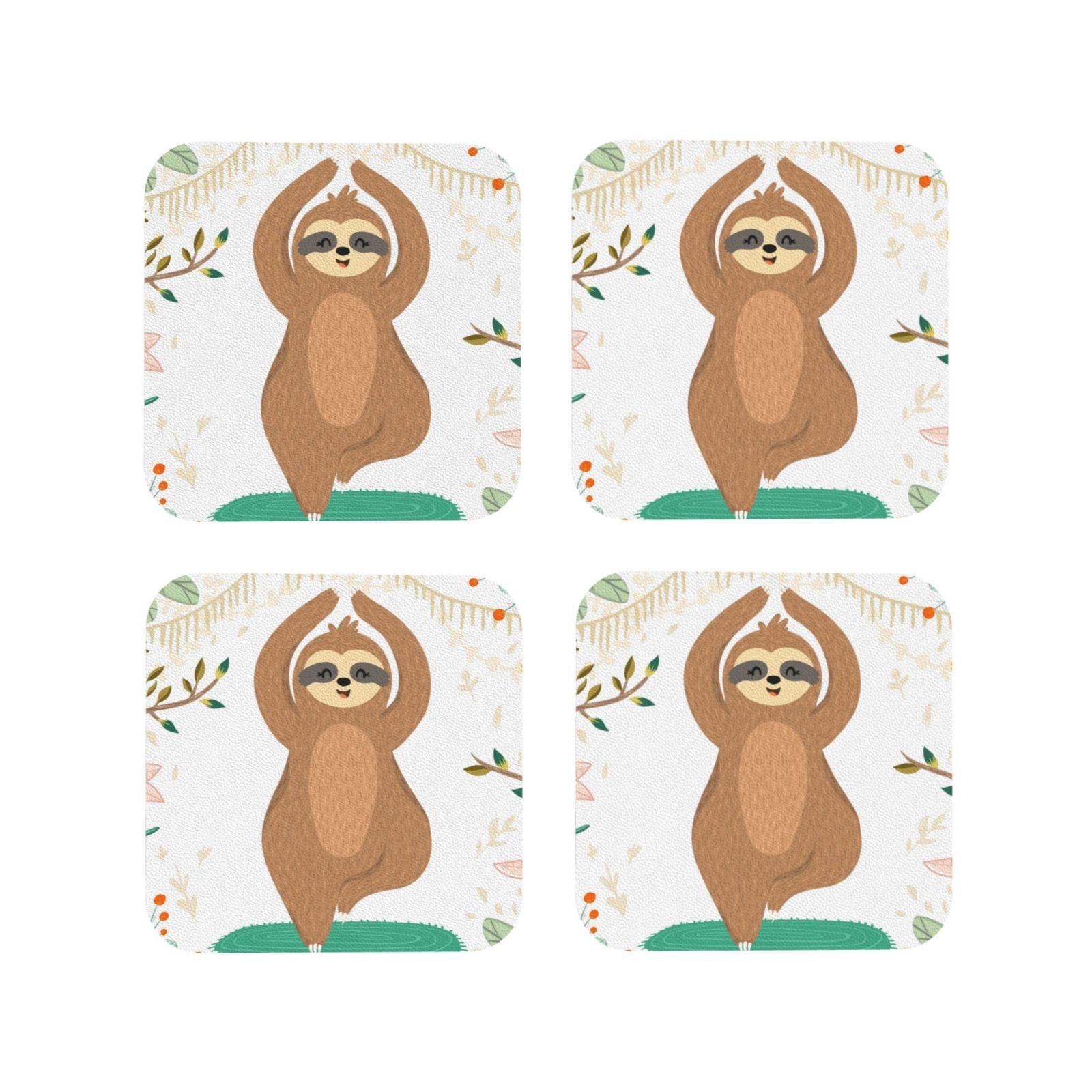 Lsque Cute Sloth In Yoga Pose Tree Pattern 4" Drink Coasters Set of 4 ...