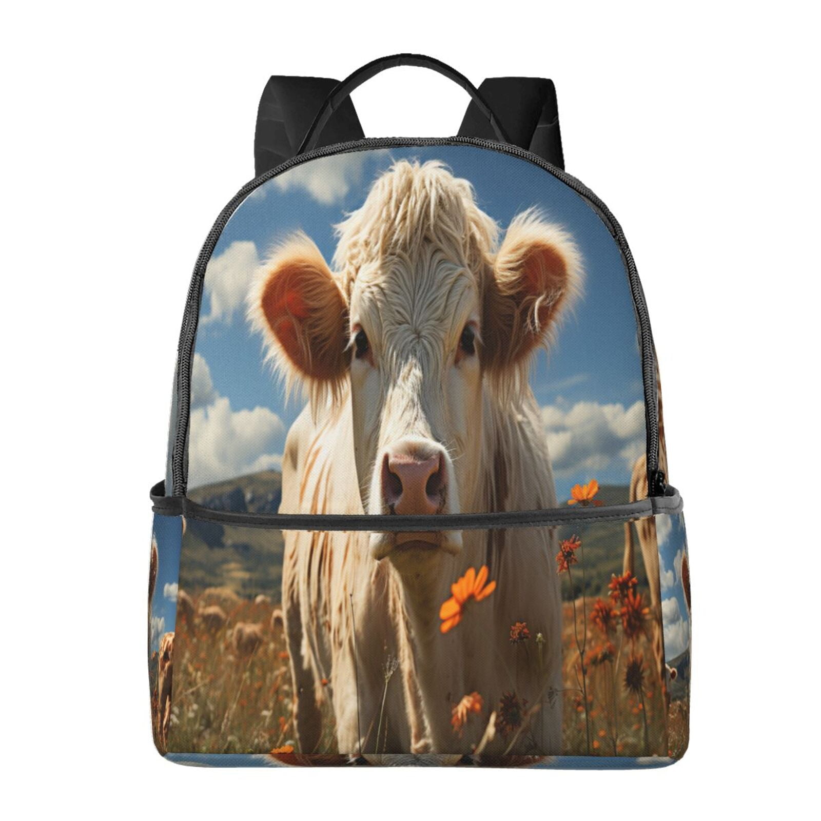 Lsque Daisy Meadow Cow Pattern Backpack – School Travel Canvas Daypack ...