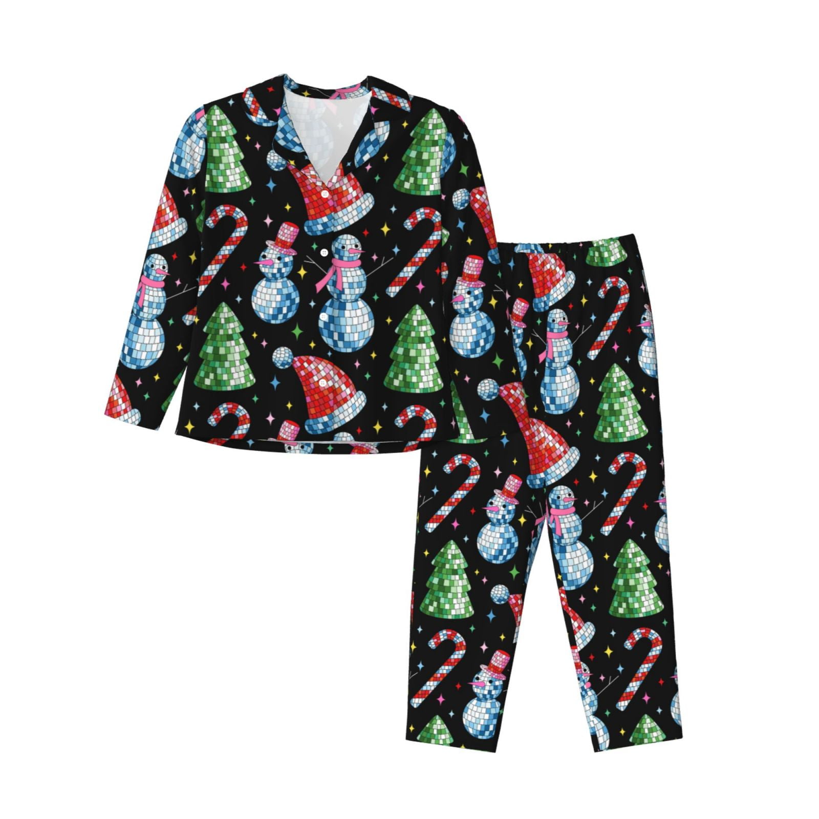 Lsque Disco Mirror Ball Snowman Pattern Long Sleeve Pajama Set for ...