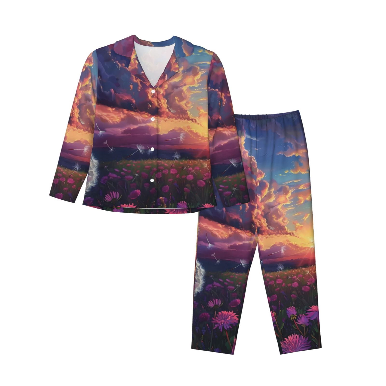 Lsque Dreamy Dandelion Sunset Pattern Long Sleeve Pajama Set for Women ...