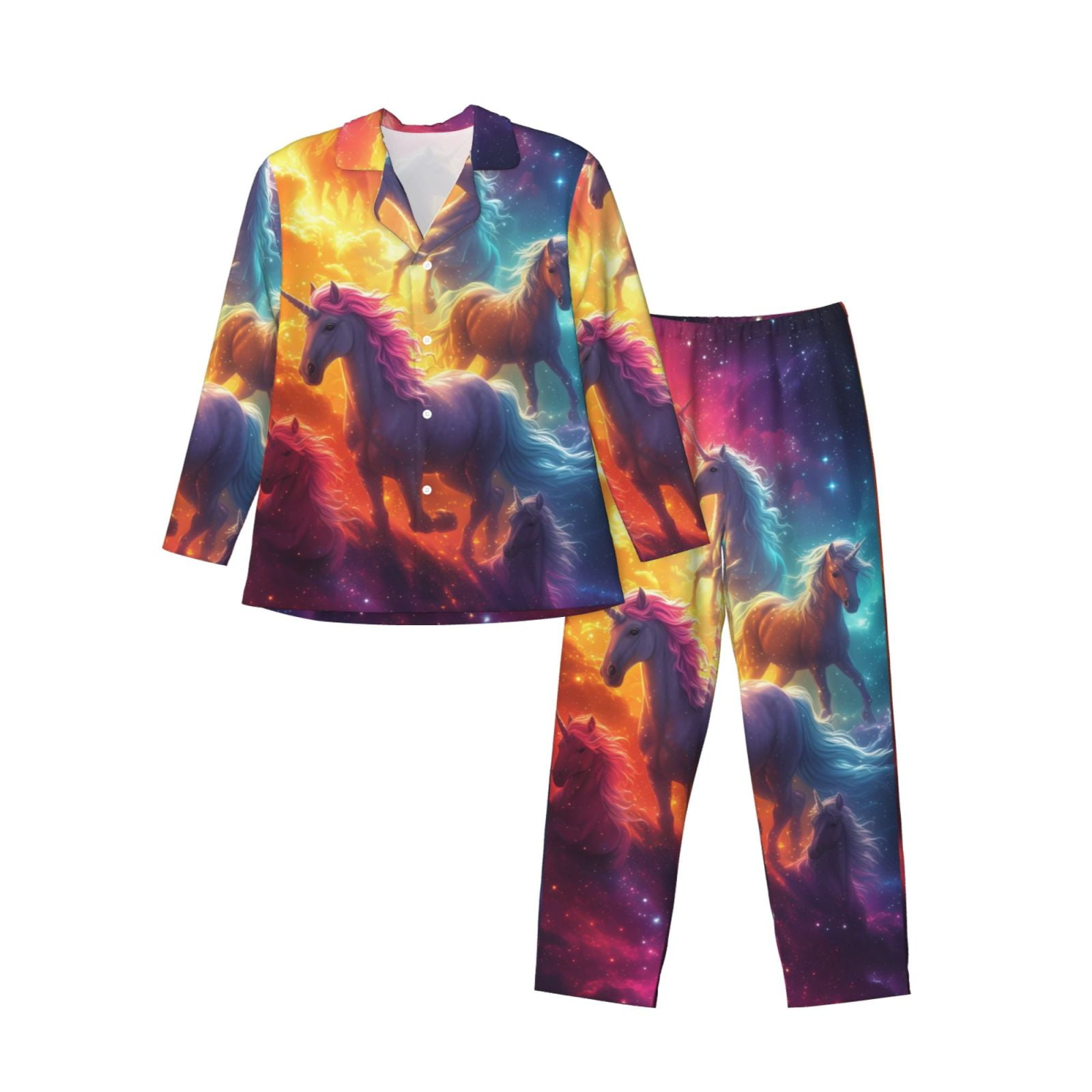 Lsque Dreamy Night Sky White Horse Pattern Long Sleeve Pajama Set for ...
