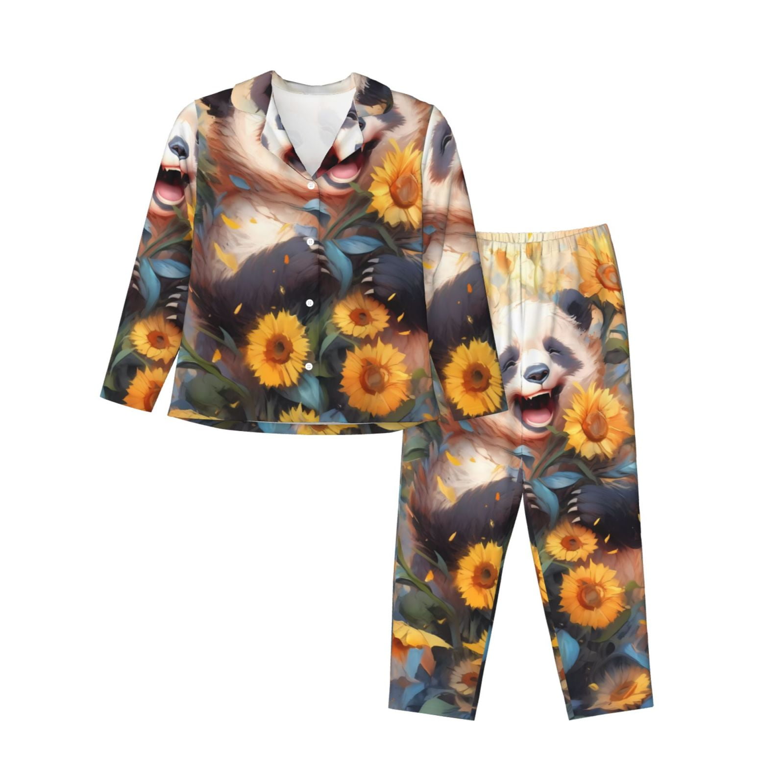 Lsque Elegant Cute Panda Sunflower Pattern Long Sleeve Pajama Set for ...