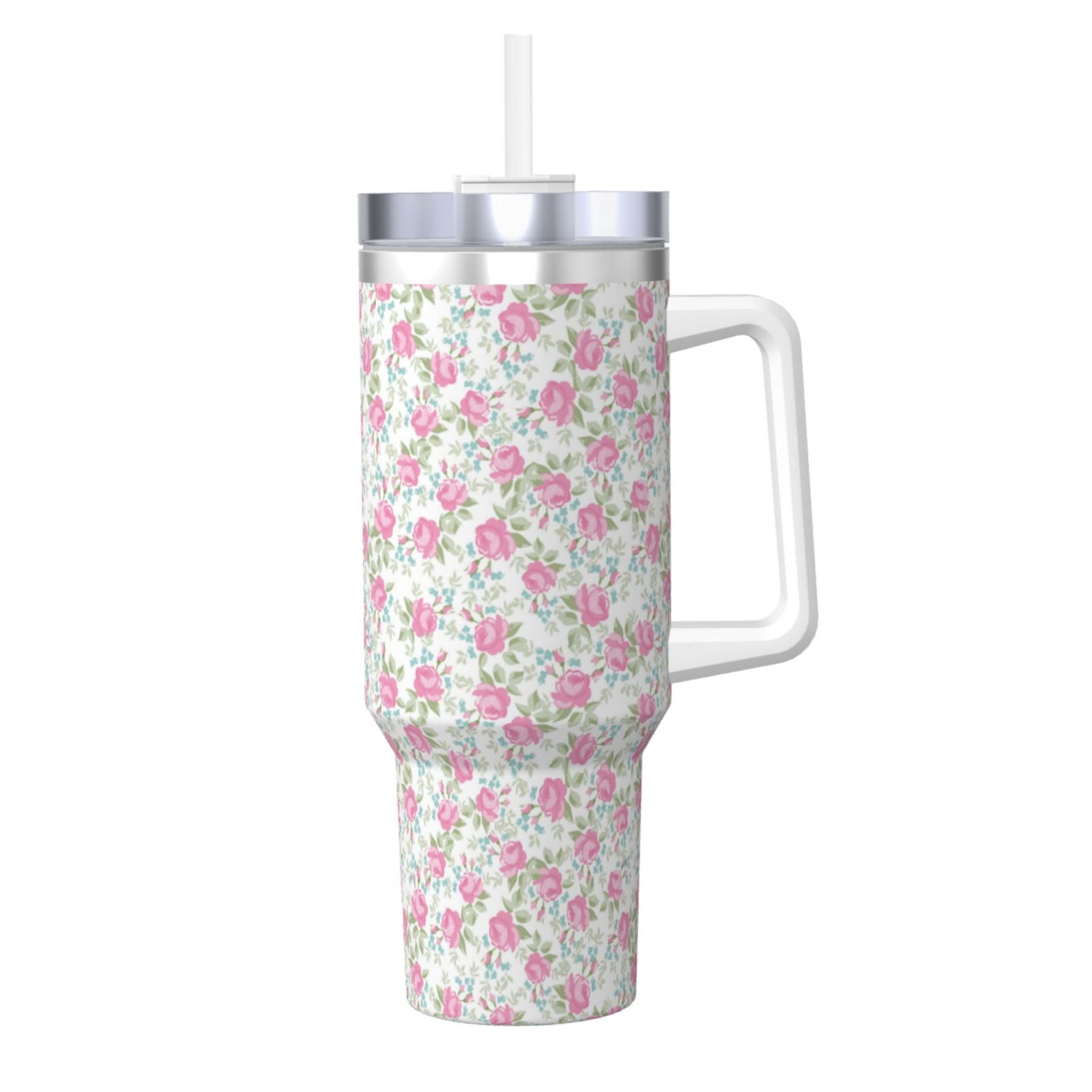 Lsque Floral Pattern 40 OZ Ice Bully Cup with Handle and Straw, Double ...