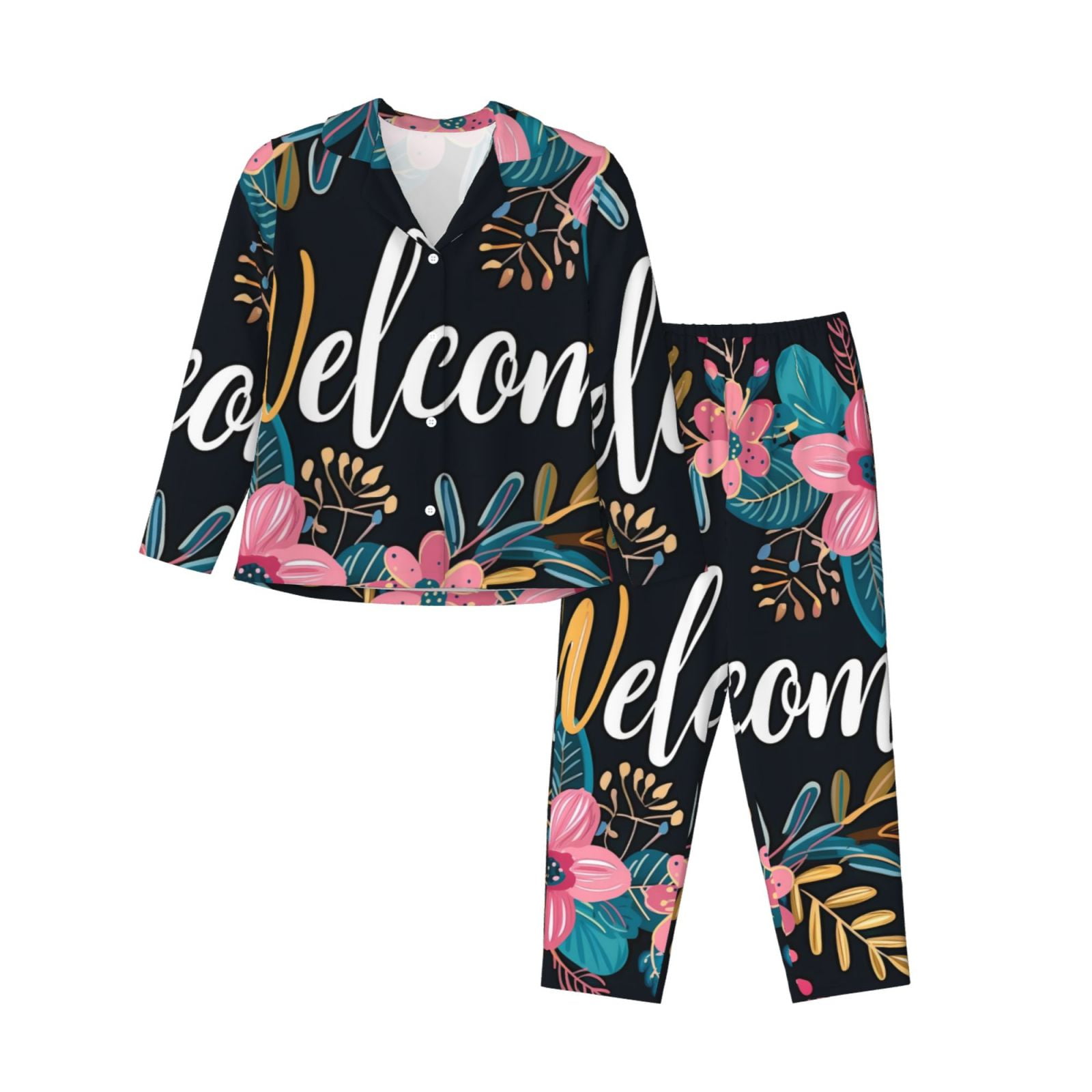 Lsque Floral Welcome Sign Pattern Long Sleeve Pajama Set for Women ...