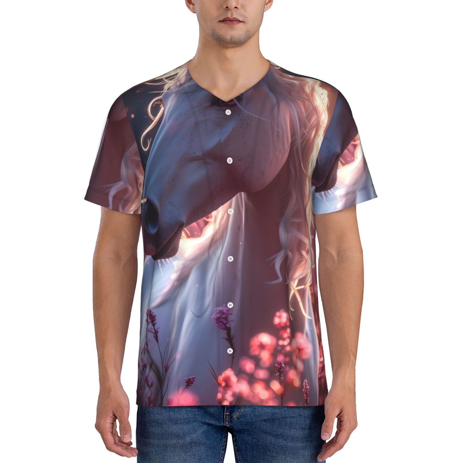 Lsque Flower White Horse Pattern Mens Polo Golf Shirts Funny Graphics ...
