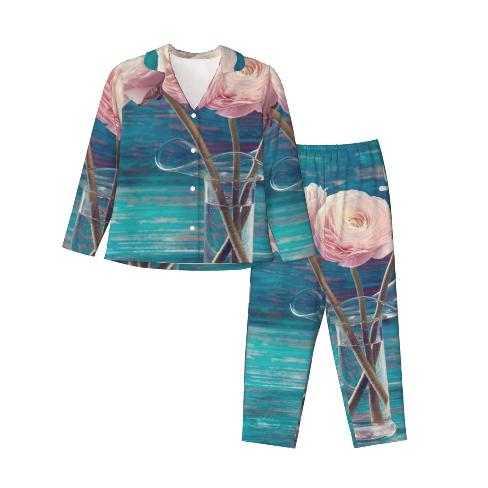 Lsque Flowers in Glass Vase Pattern Long Sleeve Pajama Set for Women ...