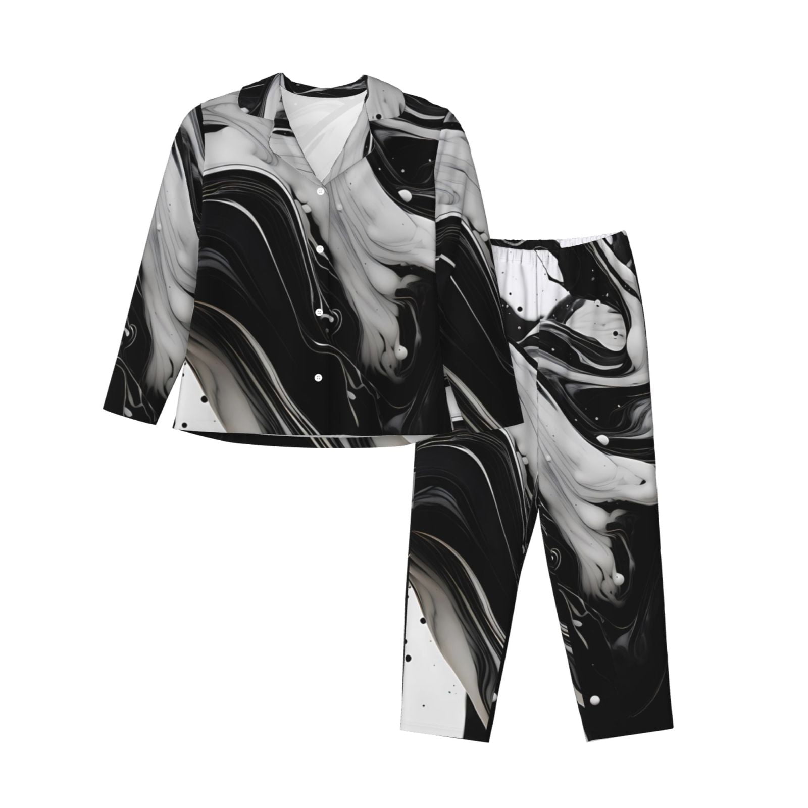 Lsque Fluid Black White Paint Swirls Pattern Long Sleeve Pajama Set for ...
