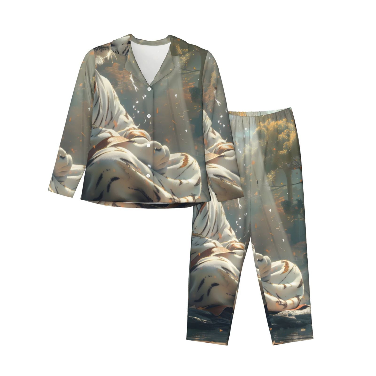 Lsque Forest Meditating White Tiger Pattern Long Sleeve Pajama Set for ...