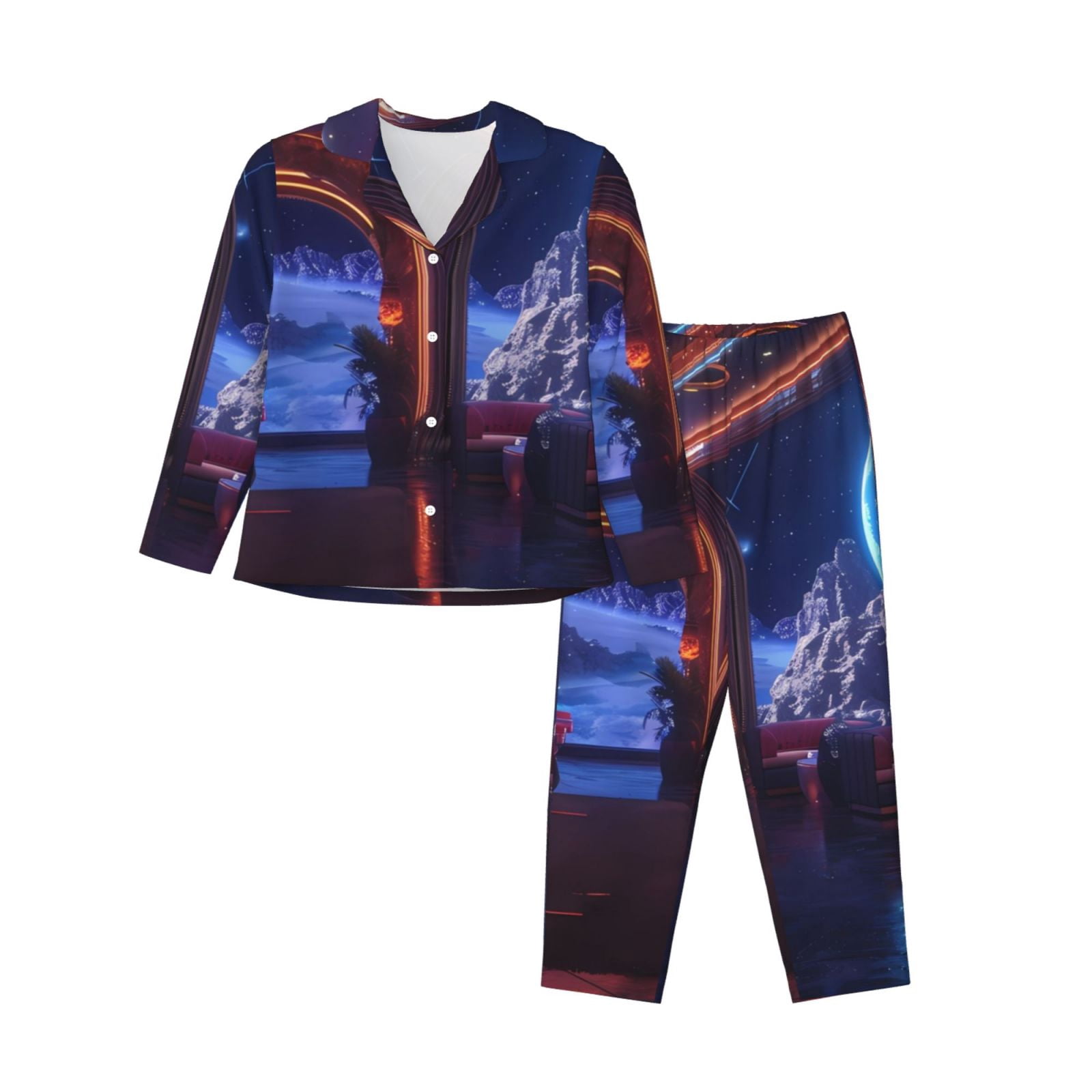 Lsque Futuristic Bar Space View Pattern Long Sleeve Pajama Set for ...