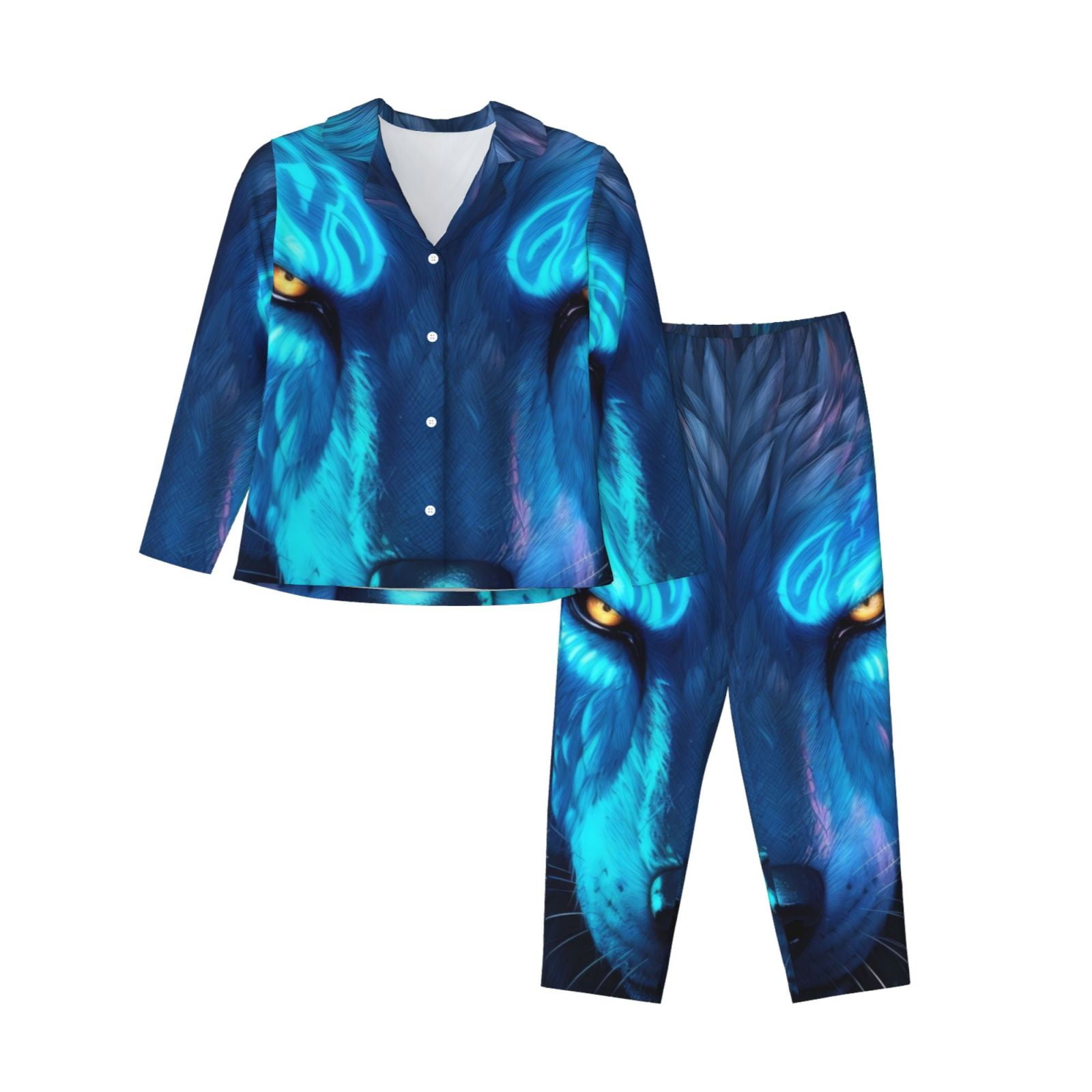 Lsque Futuristic Blue Light Wolf Pattern Long Sleeve Pajama Set for ...