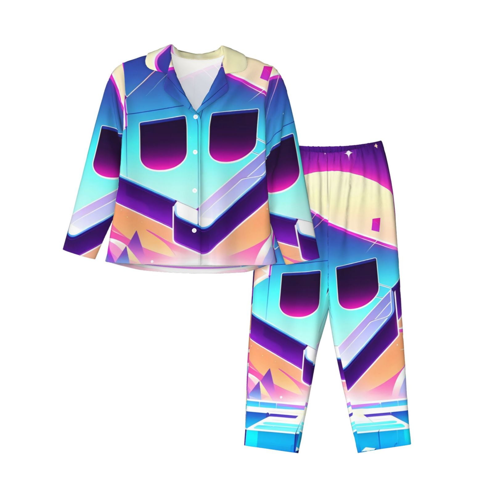 Lsque Geometry Dash Pattern Long Sleeve Pajama Set for Women - Soft 2 ...