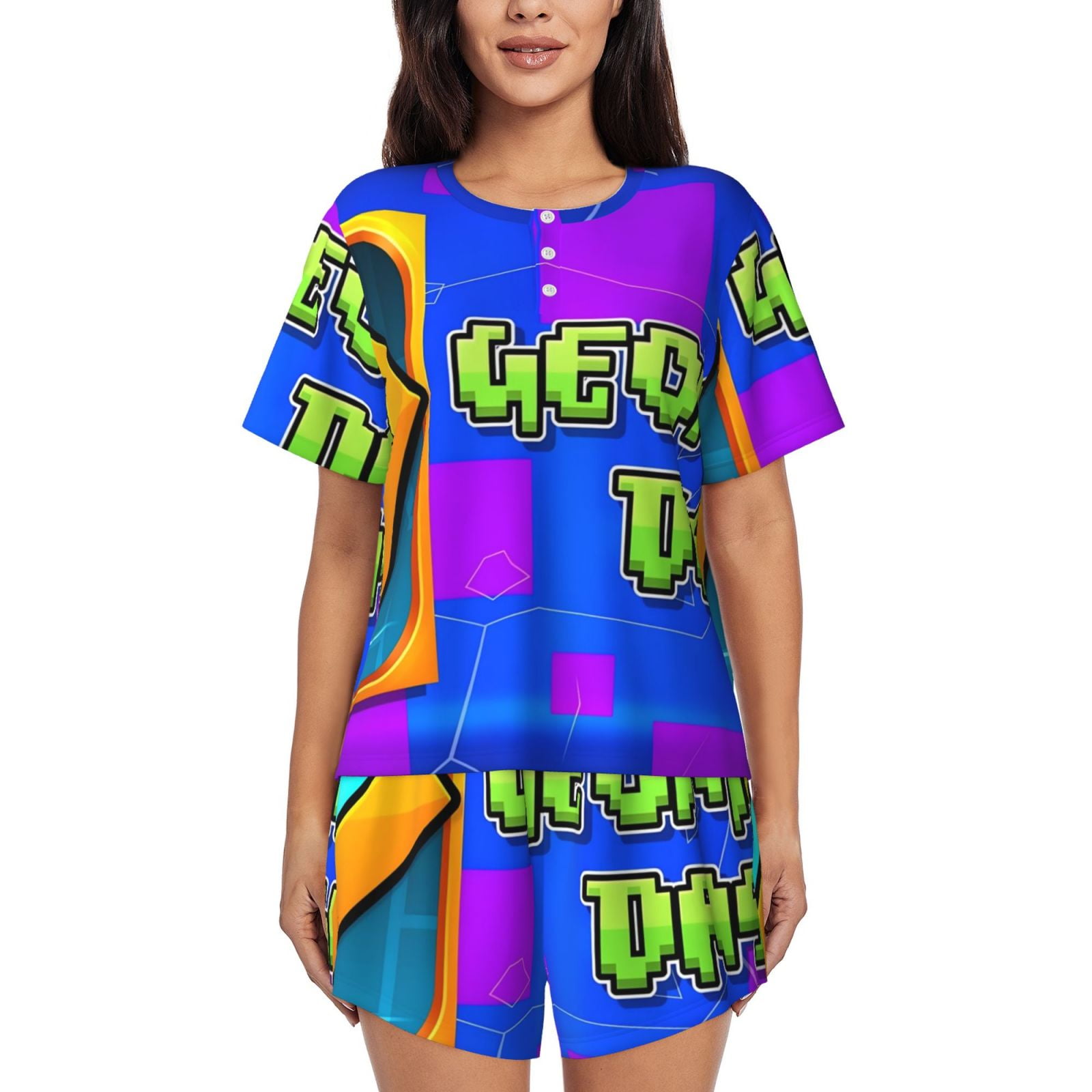 Lsque Geometry Dash Women's Short-Sleeved Pajama Set - 2 Piece Soft and ...