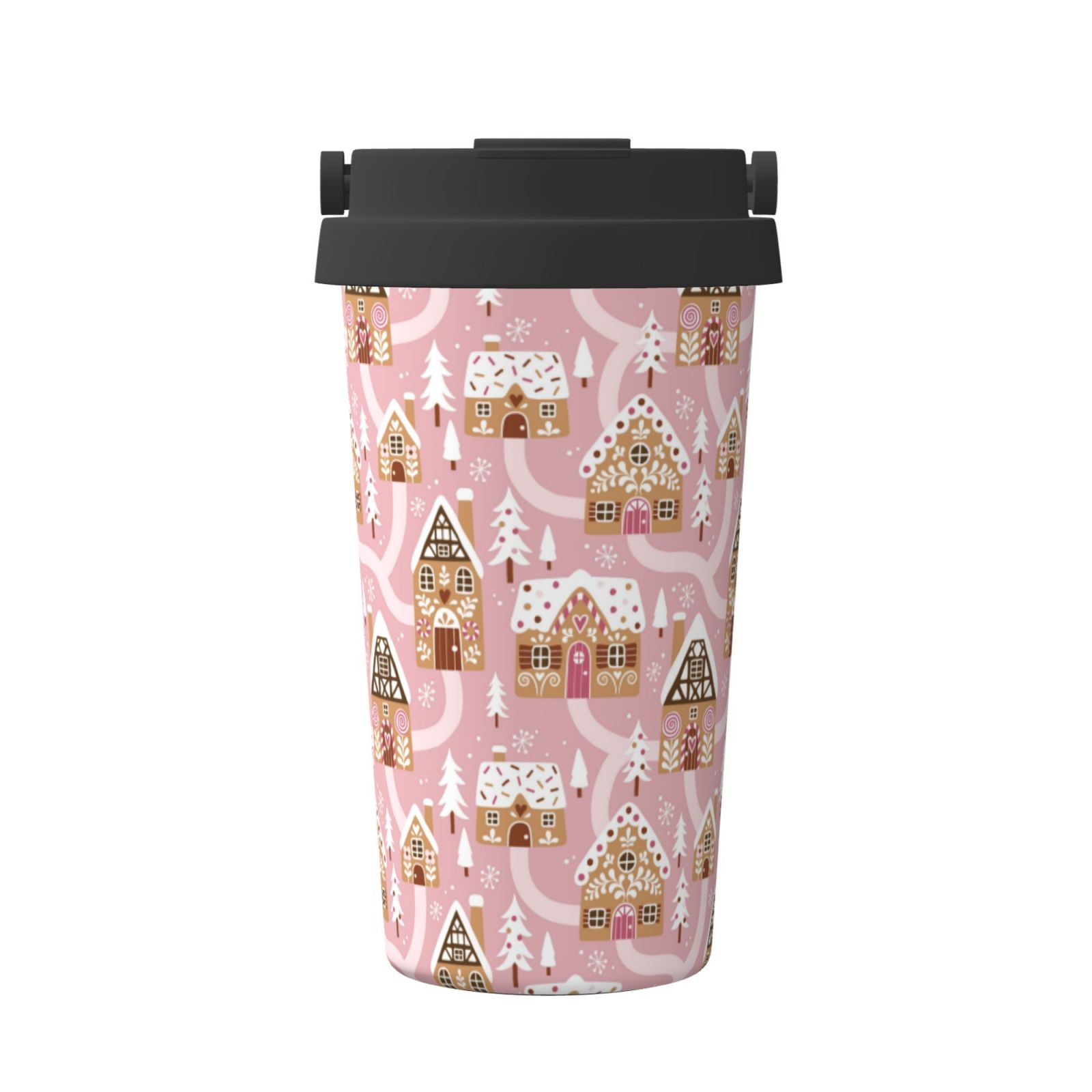 Lsque Gingerbread Houses Pink Wonderland Pattern Travel Coffee Mug 16oz ...