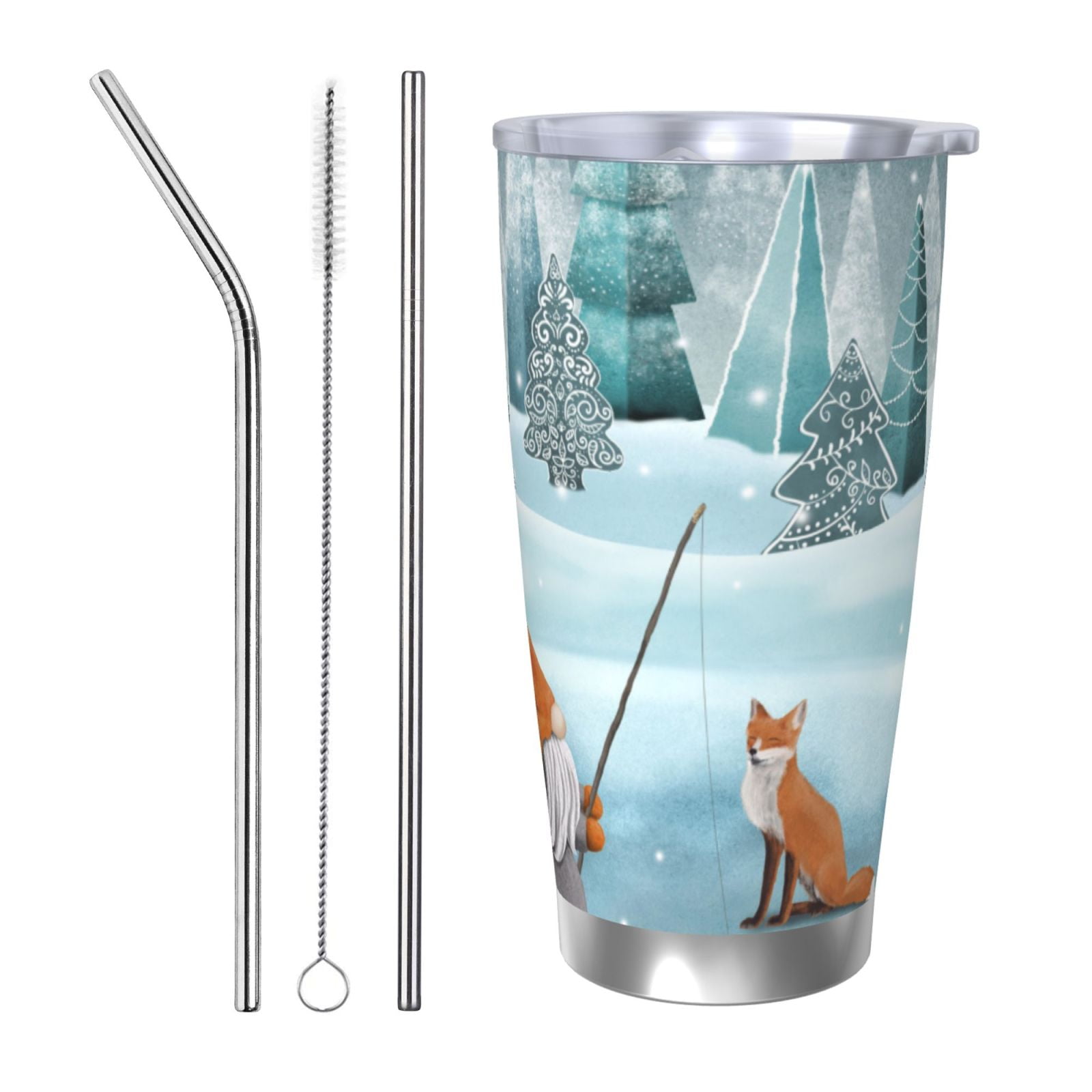 Lsque Gnome And Red Fox Fishing Pattern 20oz Car Cup with Lid and Straw ...