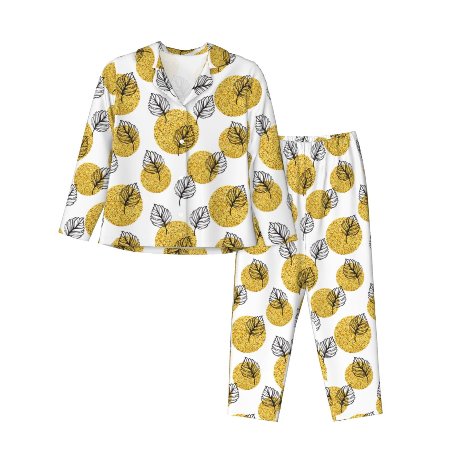 Lsque Gold Dots and Leaves Pattern Long Sleeve Pajama Set for Women ...