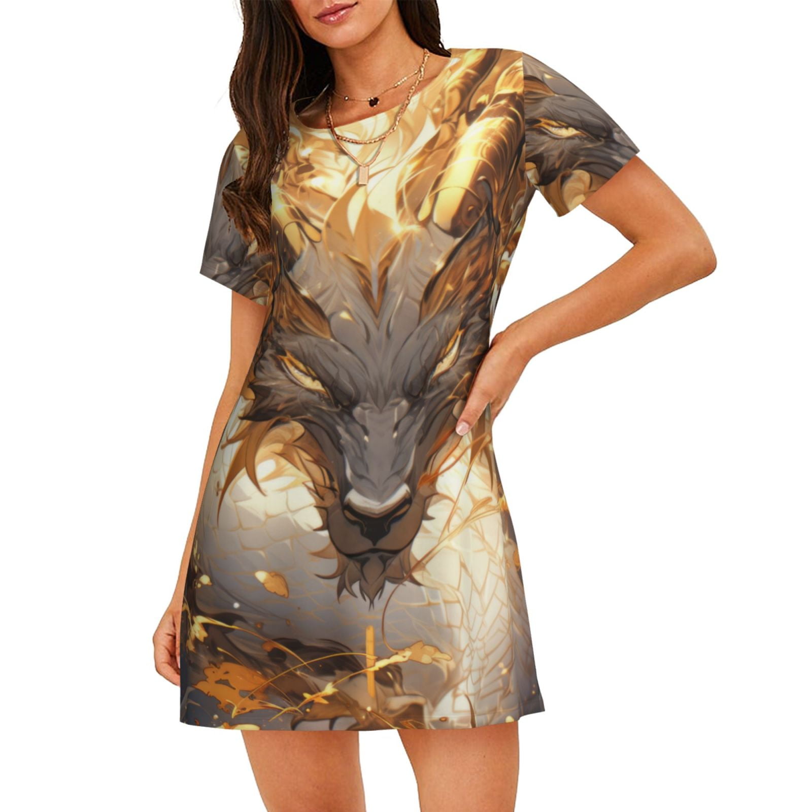 Lsque Golden Horned White Dragon Pattern Nightgowns for Women Sleep ...