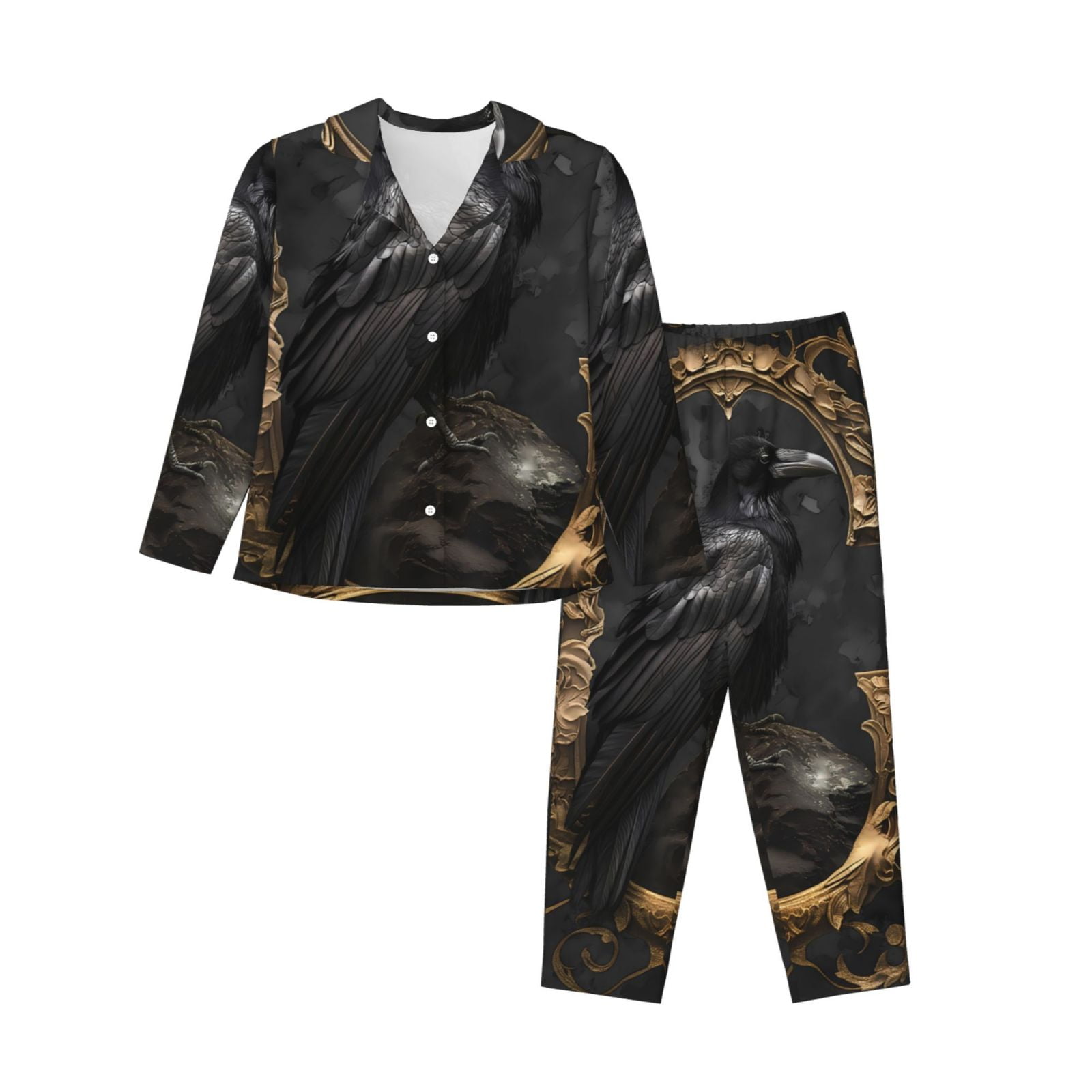Lsque Gothic Raven Portrait Pattern Long Sleeve Pajama Set for Women ...