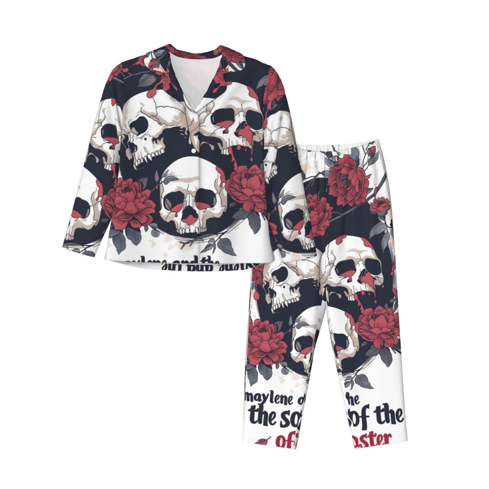 Lsque Gothic Skulls And Roses Pattern Long Sleeve Pajama Set for Women ...
