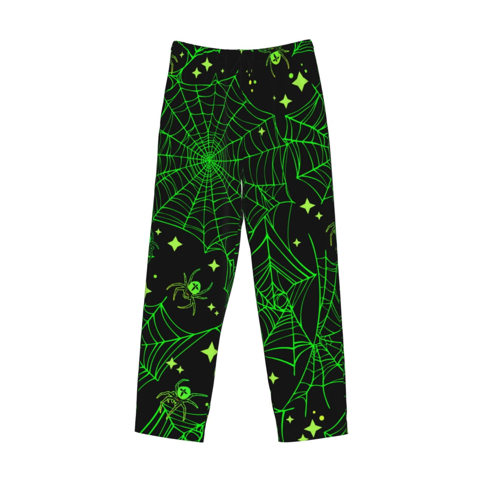 Lsque Green Bright Web with Spiders Print Men's Pajama Pants, Lounge ...