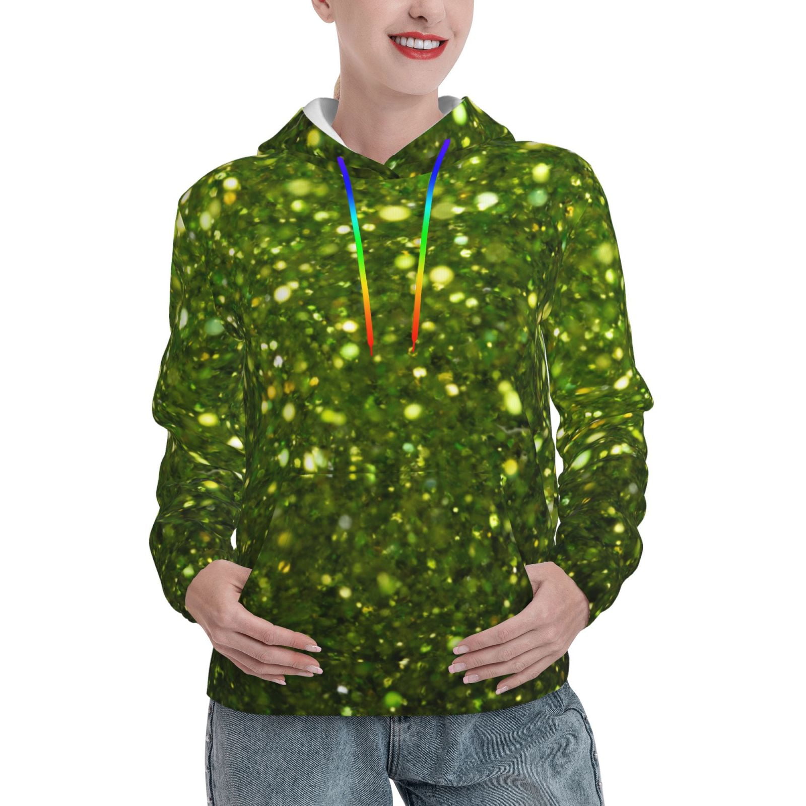 Lsque Green Glitter Sparkle Pattern Casual Women's Hoodie,Hooded ...