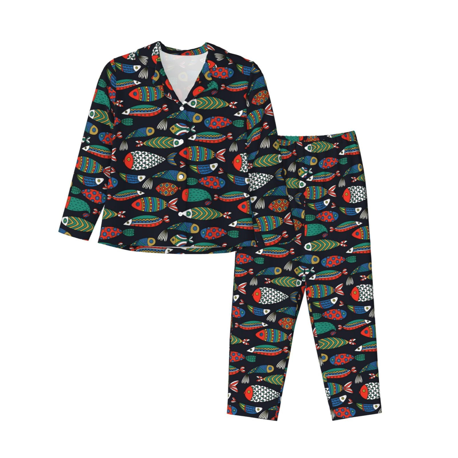 Lsque Hand Drawn Colorful Fishes Pattern Long Sleeve Pajama Set for ...