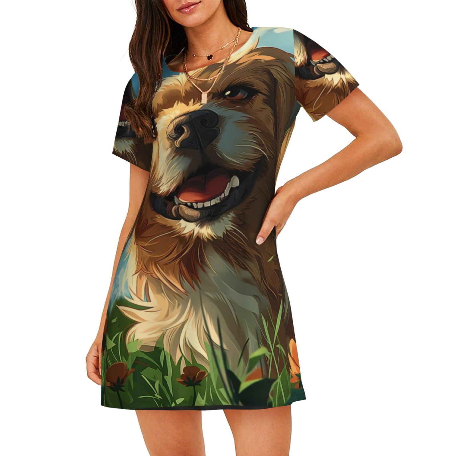 Lsque Happy Dog In Flower Field Pattern Nightgowns for Women Sleep ...