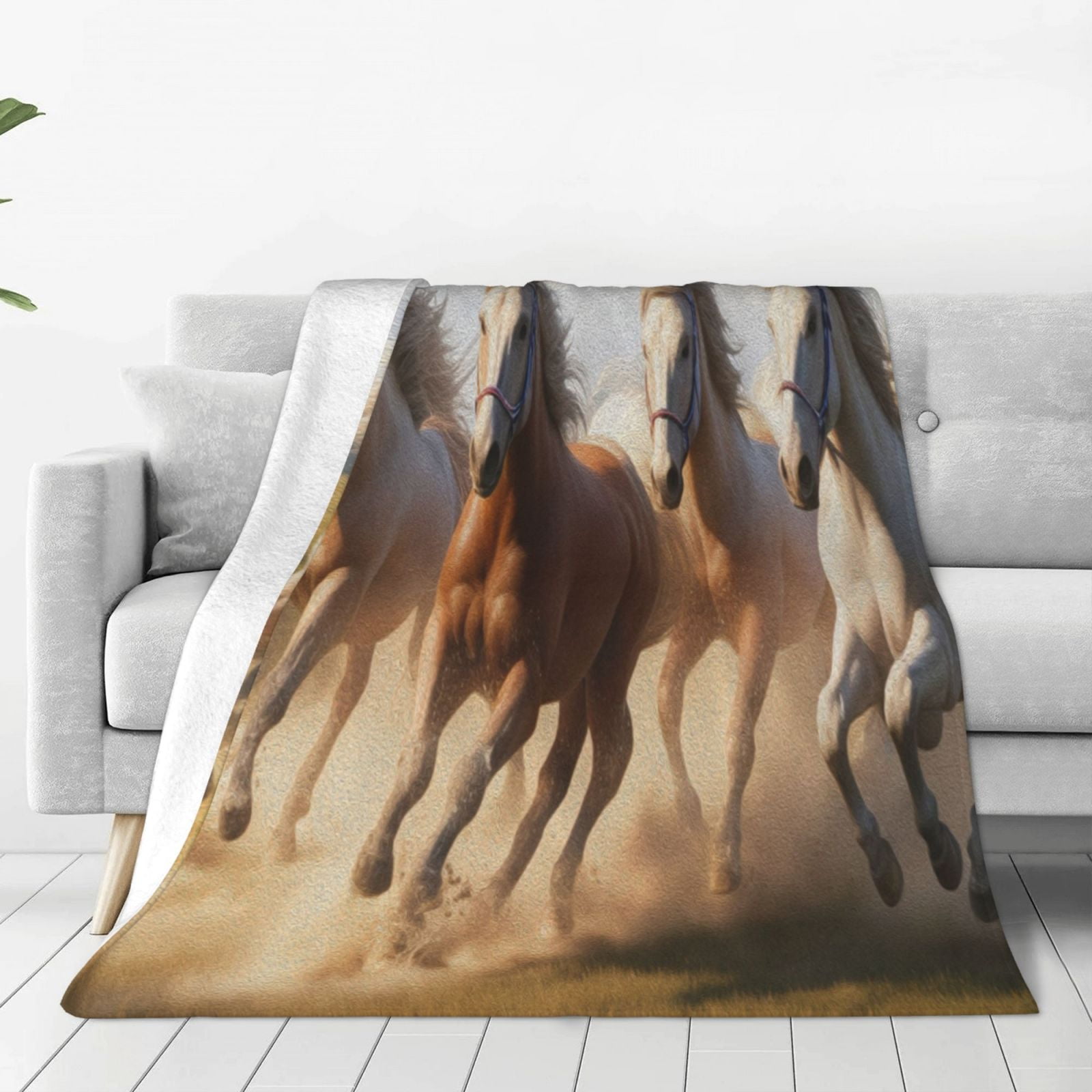 Lsque Horses running Pattern Fuzzy Fleece Throw Blanket Extra Large ...