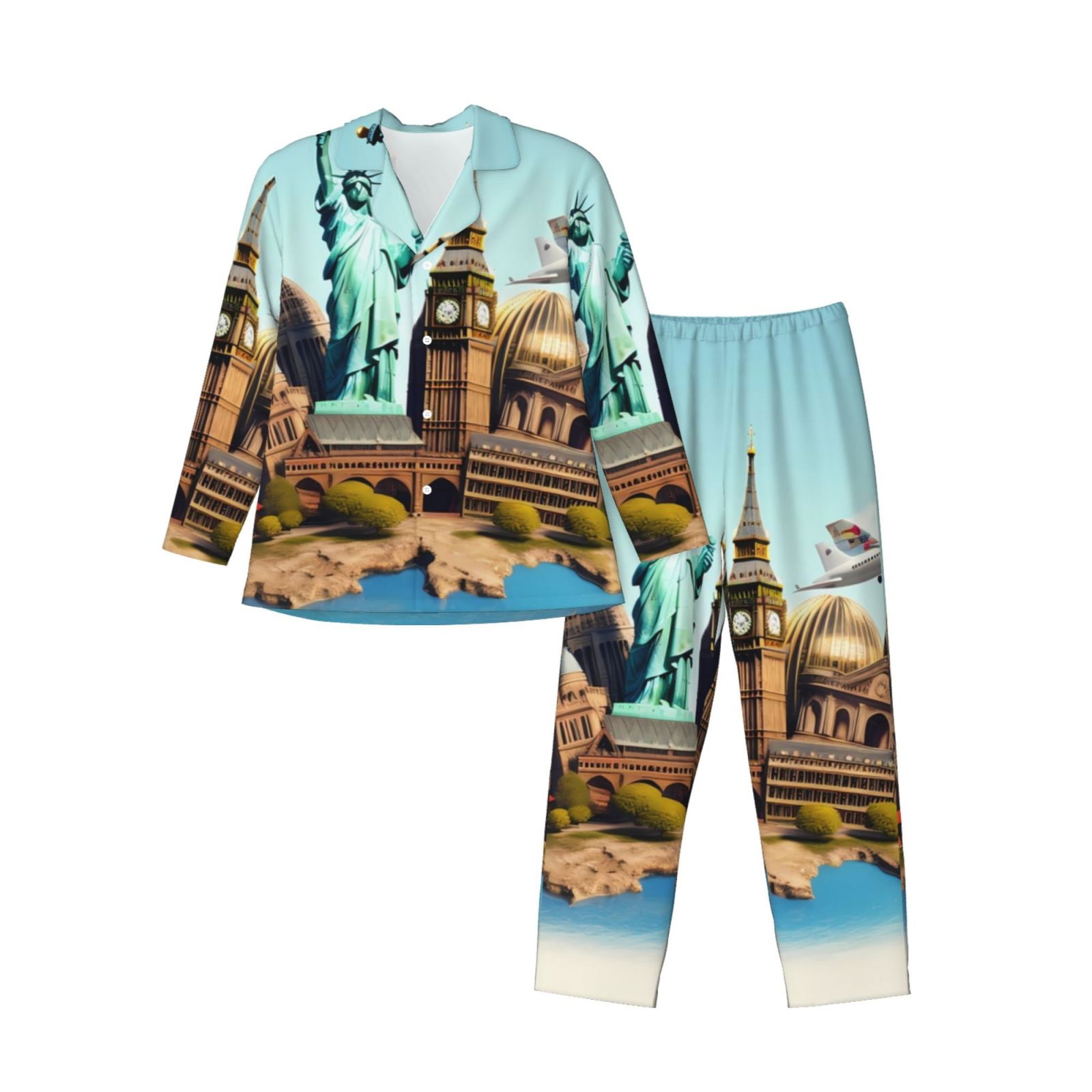 Lsque Iconic Global Landmarks Pattern Long Sleeve Pajama Set for Men ...
