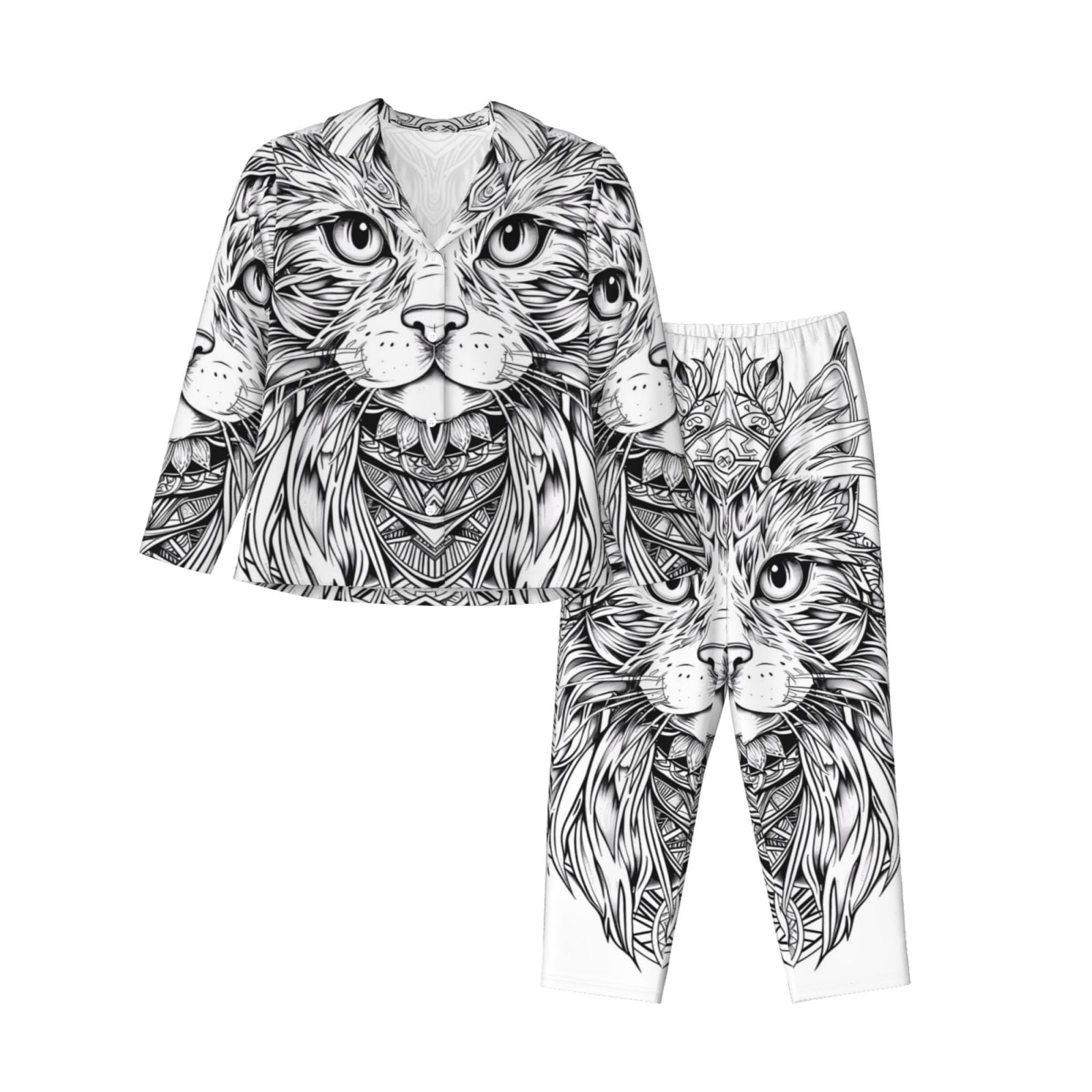 Lsque Intricate Cat Mandala Pattern Long Sleeve Pajama Set for Women ...
