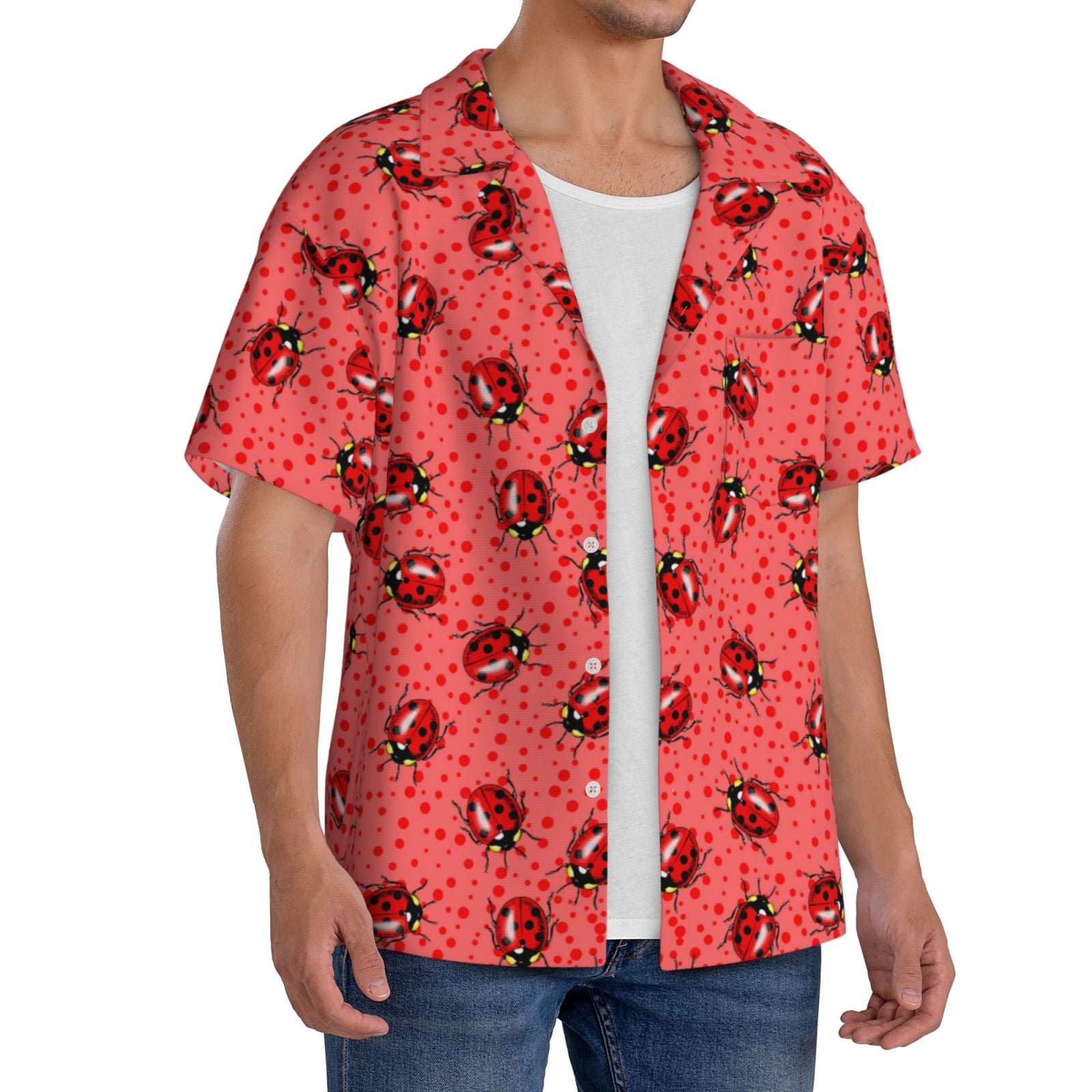 Lsque Ladybugs On Red Polka Dot print Men's Cuban Collar Short Sleeve ...