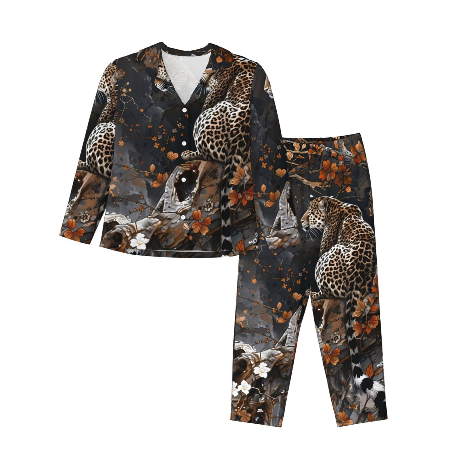 Lsque Leopard On Tree Branch Pattern Long Sleeve Pajama Set for Women ...