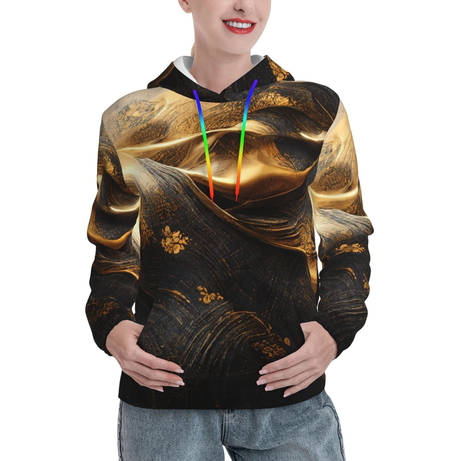 Lsque Luxurious Gold Flow Pattern Casual Women's Hoodie,Hooded ...