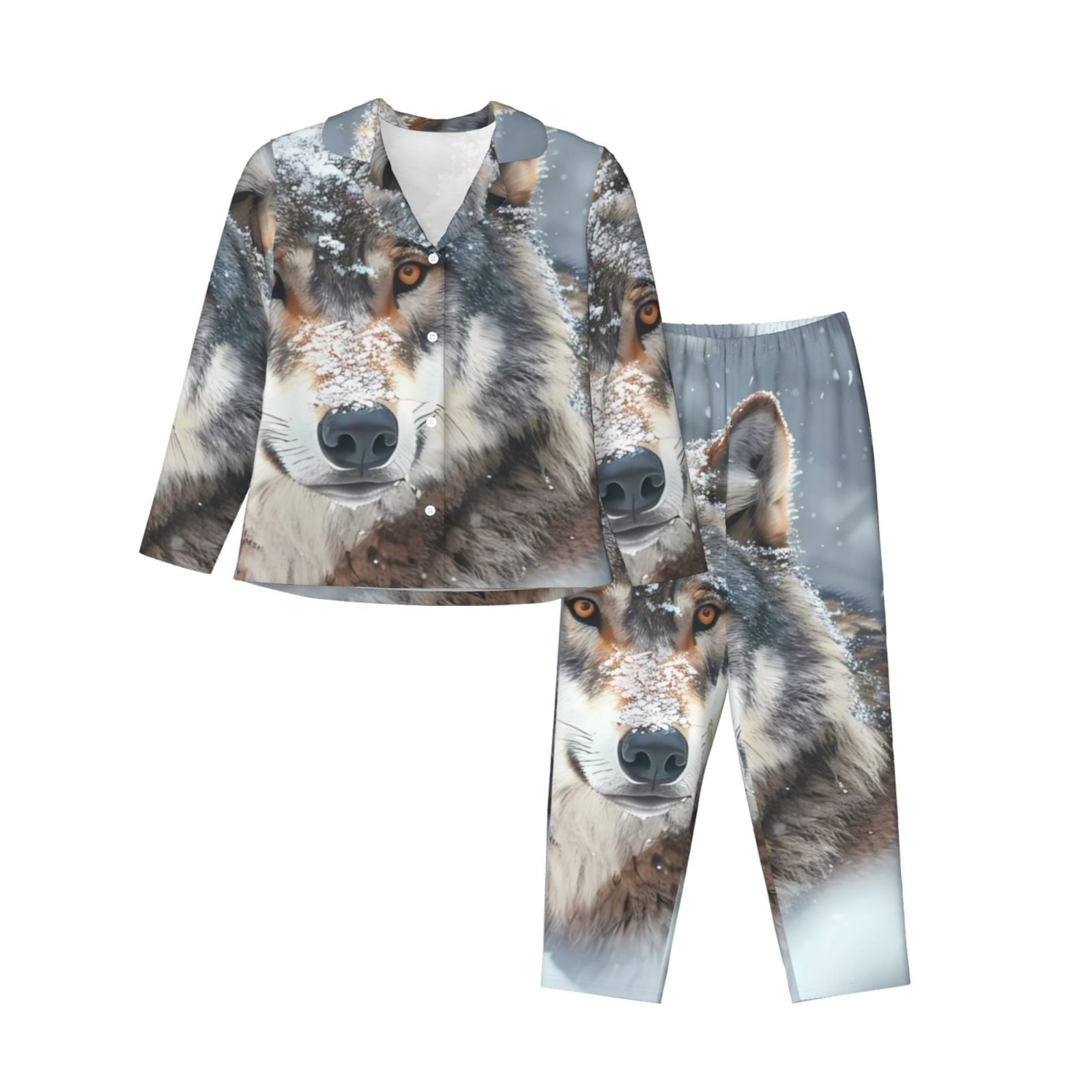 Lsque Majestic Snowy Wolf Pattern Long Sleeve Pajama Set for Women ...