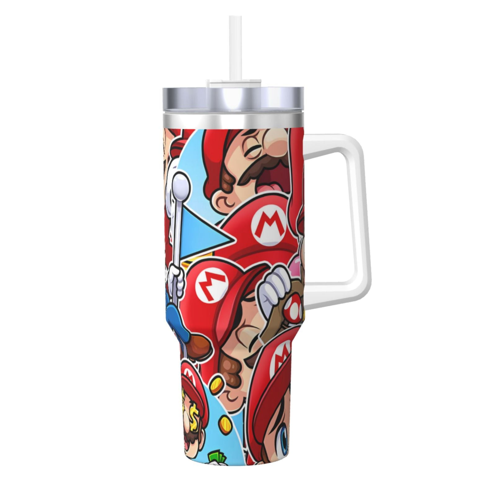 Lsque Mario Pattern 40 OZ Ice Bully Cup with Handle and Straw, Double ...