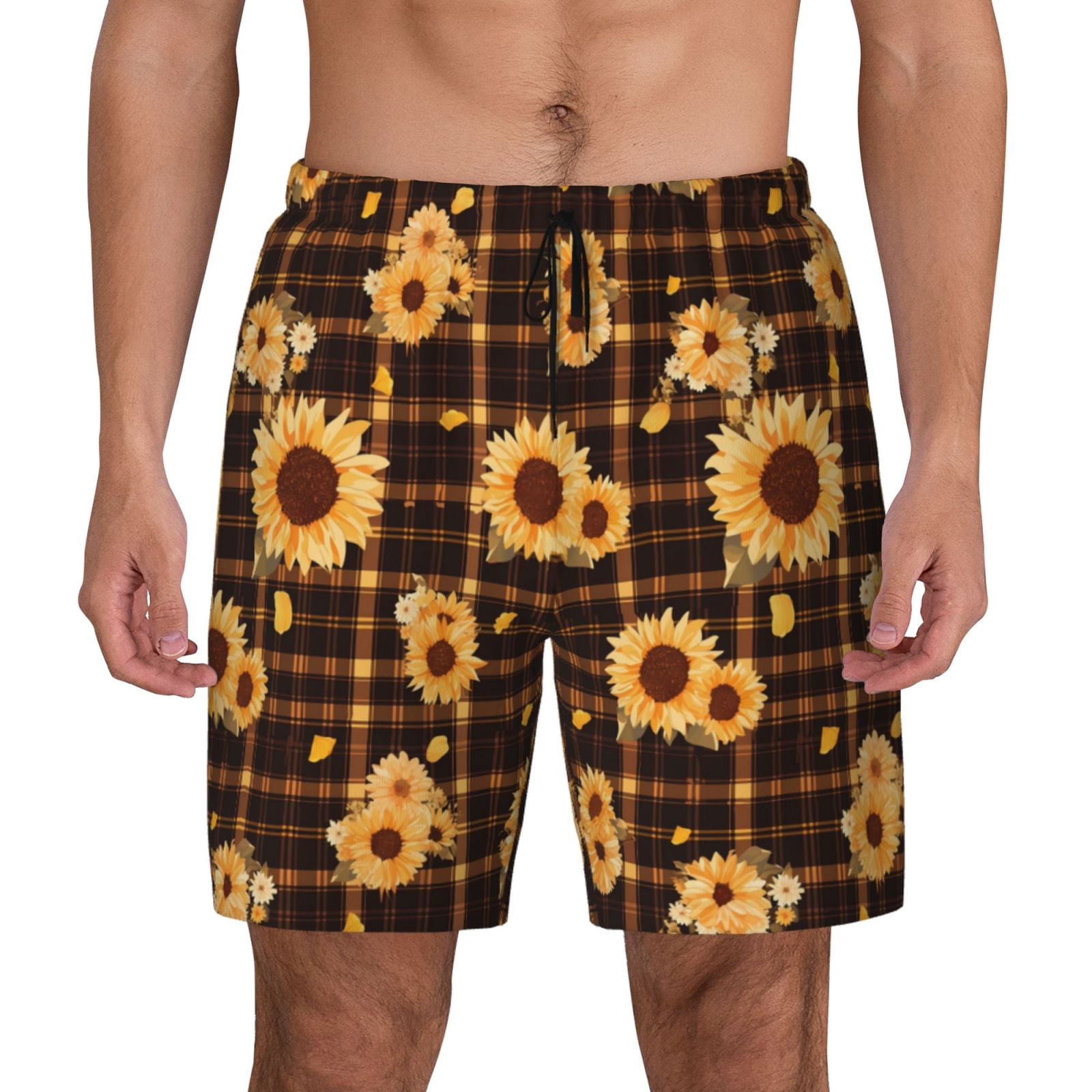 Lsque Mens Swim Trunks Brown Plaid Sunflower Pattern - Bathing Suit ...
