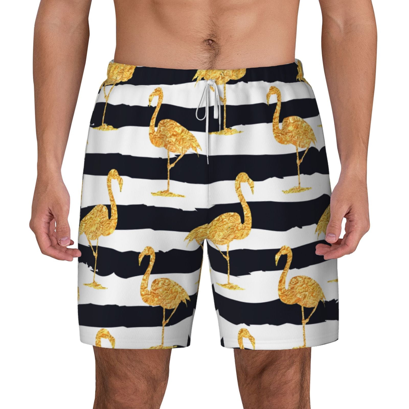 Lsque Mens Swim Trunks Gold Flamingo Pattern - Bathing Suit Compression ...