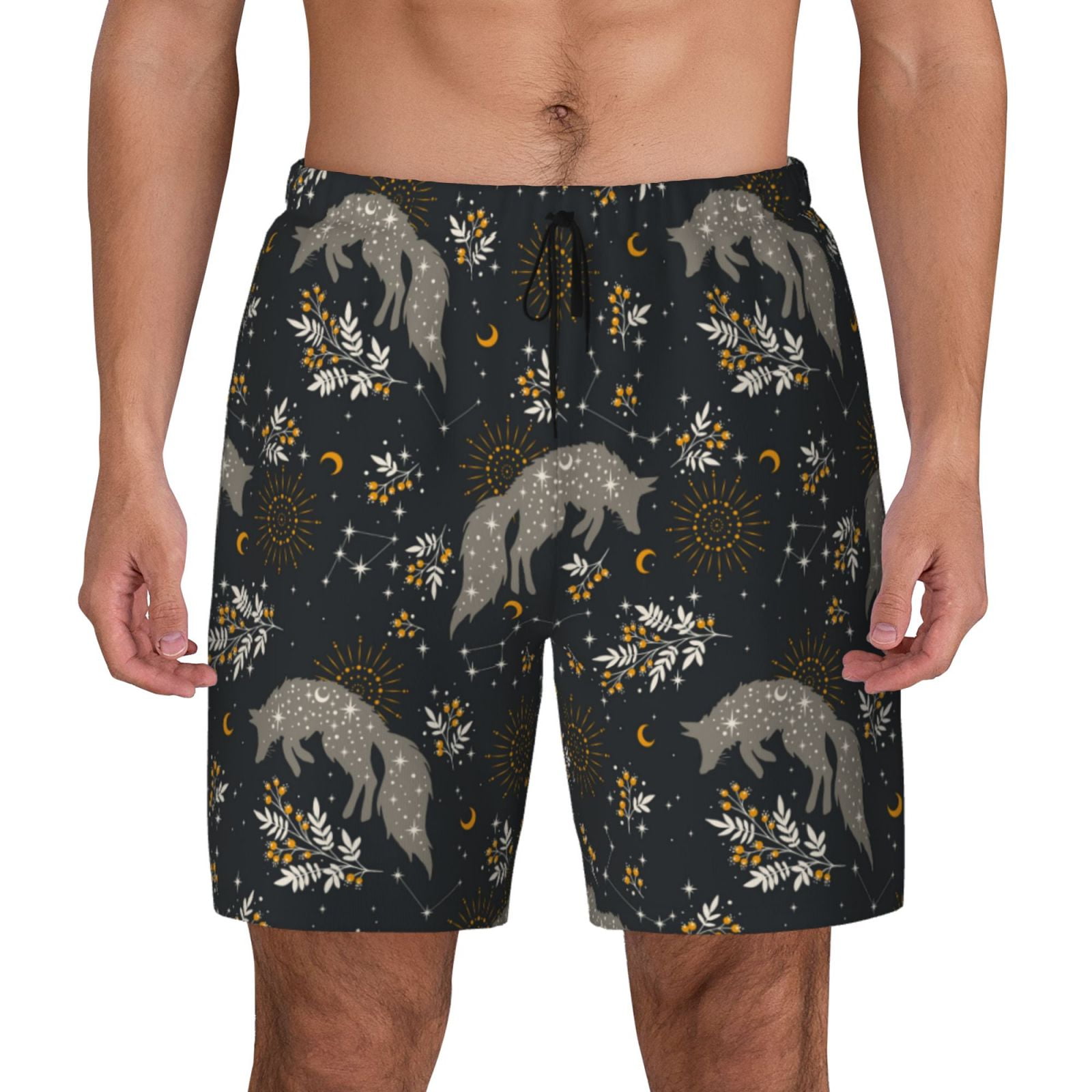 Lsque Mens Swim Trunks Vintage Moon with Plants and Fox Pattern ...