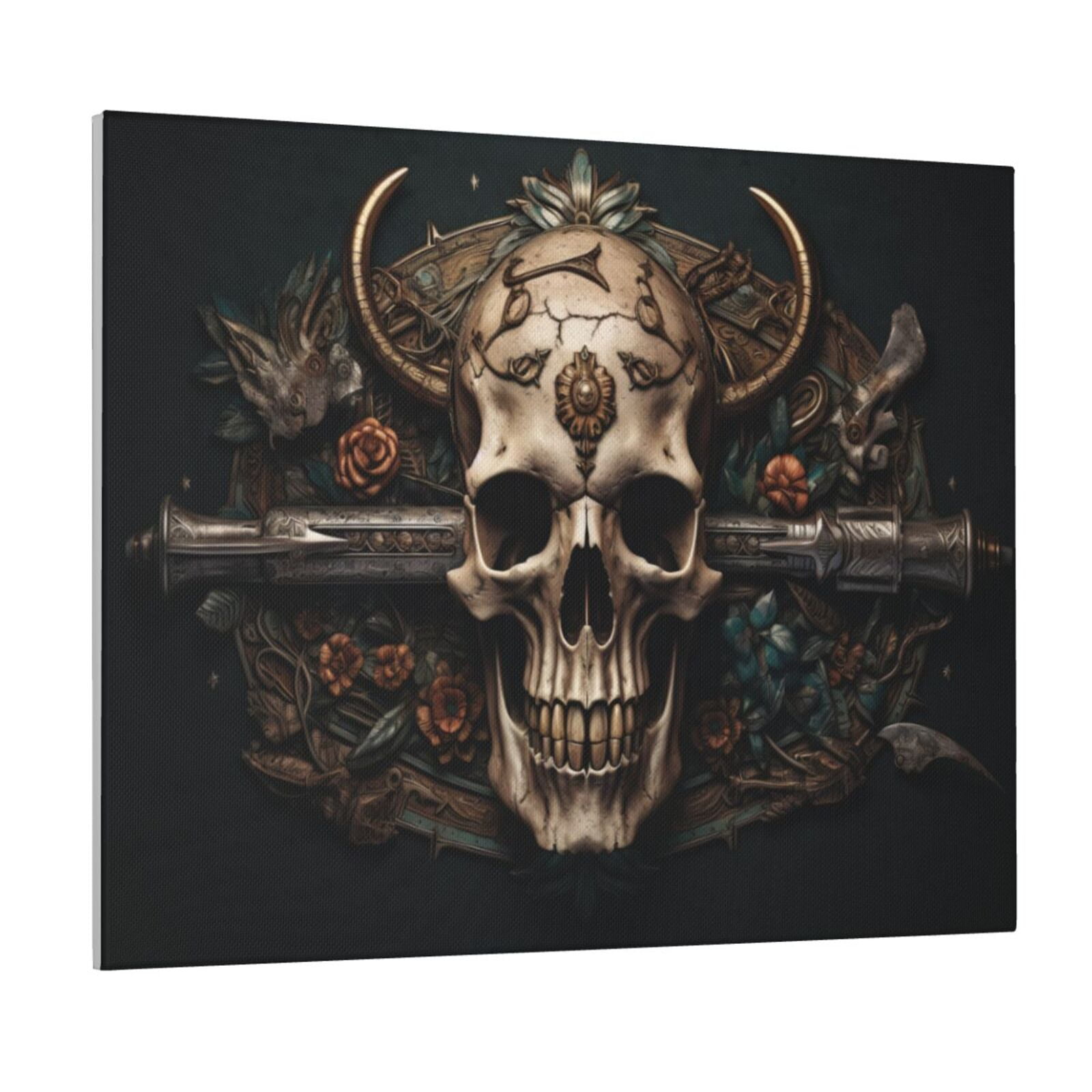 Lsque Metal Style Horned Skull Print Wall Art – Decorative Picture for ...