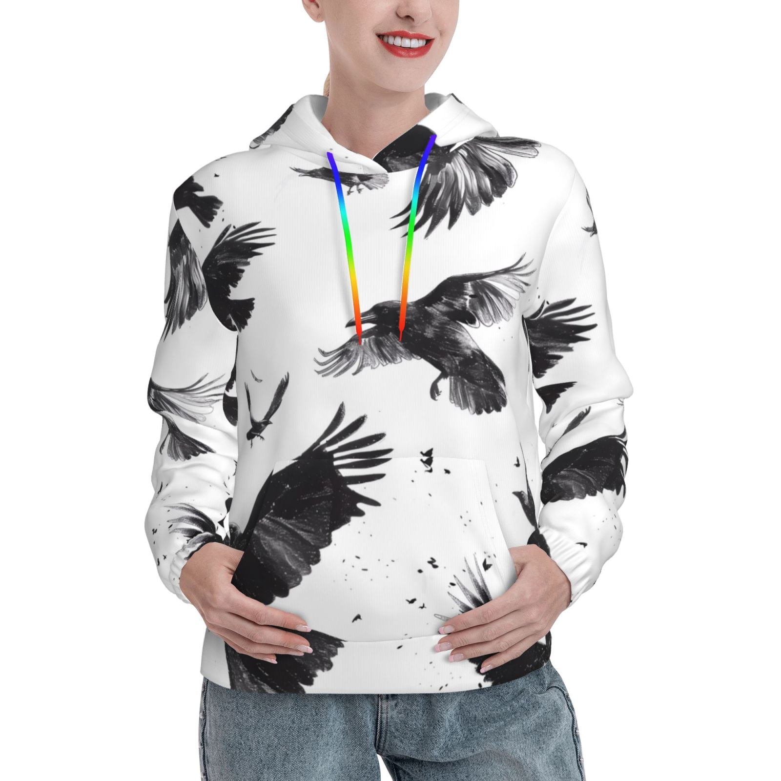 Lsque Monochrome Flying Ravens Pattern Casual Women's Hoodie,Hooded ...