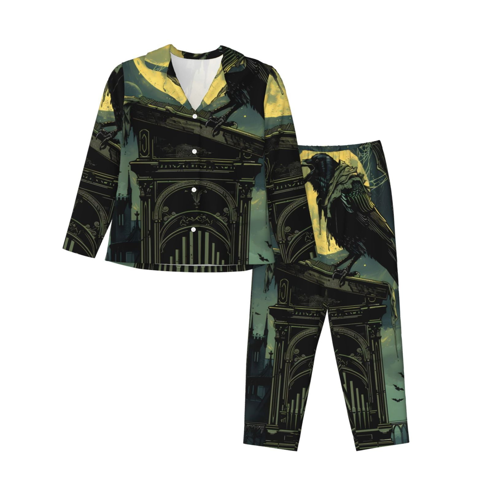 Lsque MoonNight Sky Crow Pattern Long Sleeve Pajama Set for Women ...